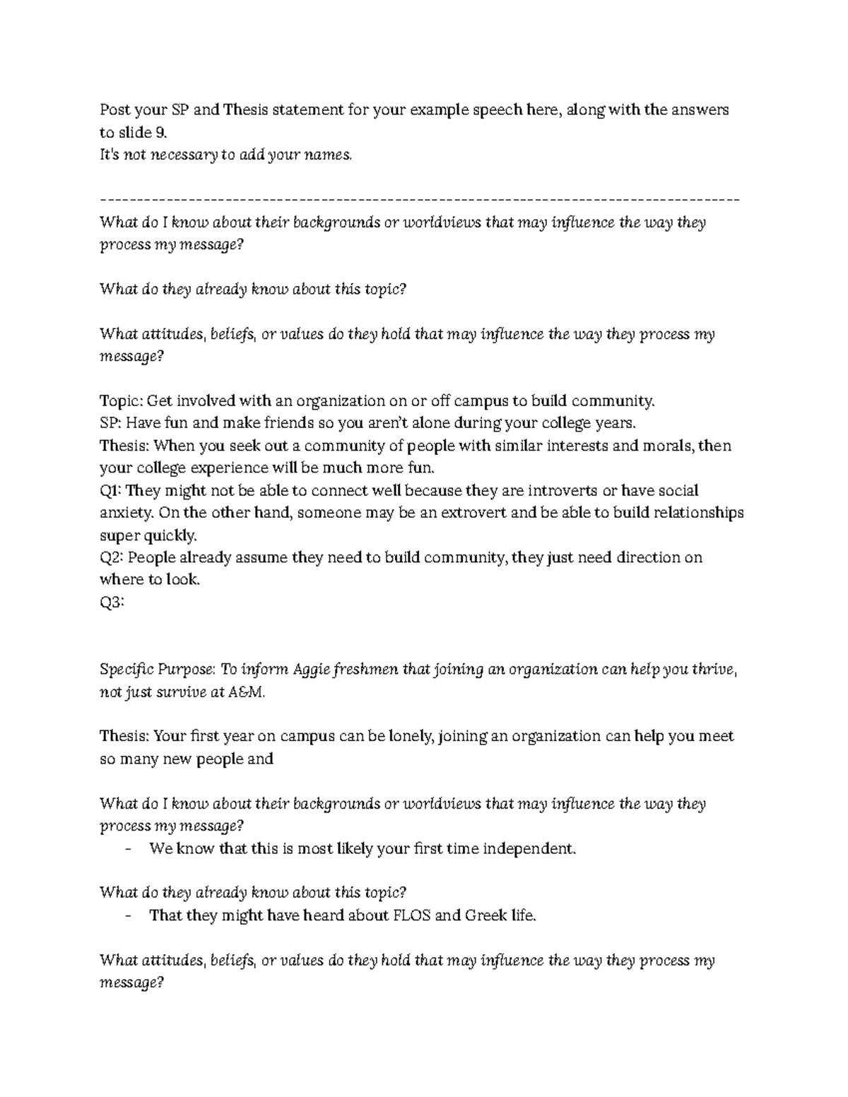 Audience Analysis A - Post your SP and Thesis statement for your ...