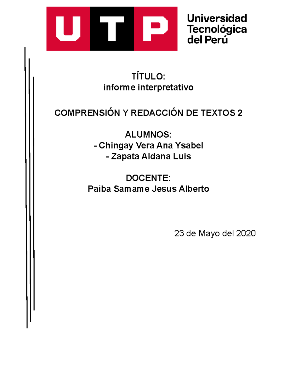 Informe - tarea guía - TÍTULO: informe interpretativo COMPRENSIÓN Y ...