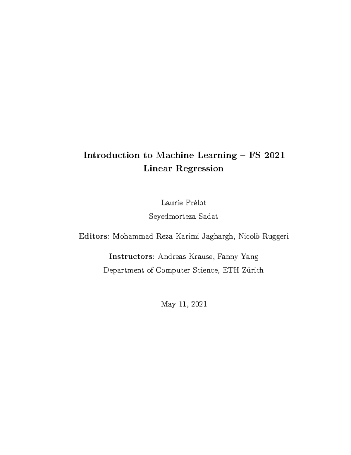 Lecture Notes Linear Regression Introduction To Machine Learning