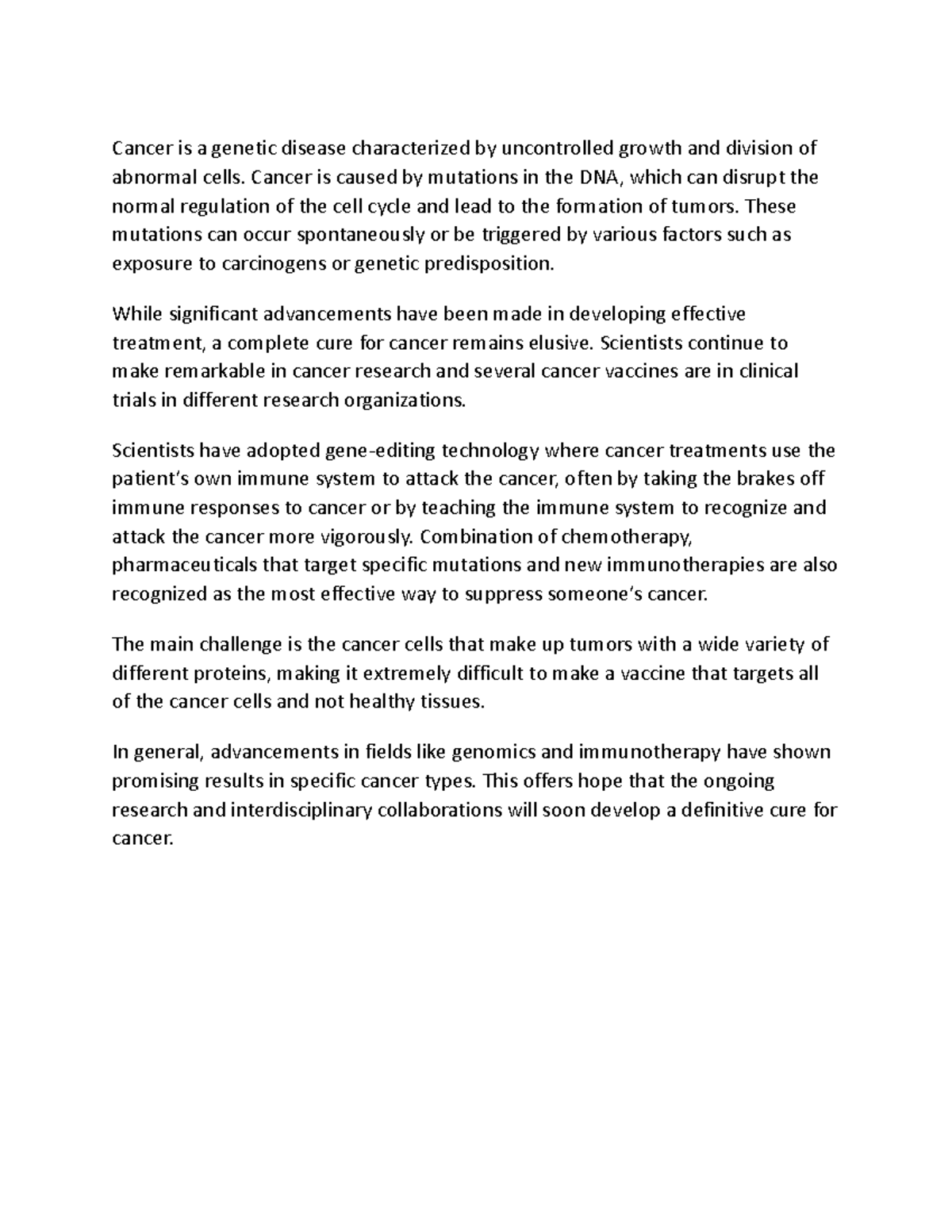 Assignment - BBA 567 - Cancer is a genetic disease characterized by ...