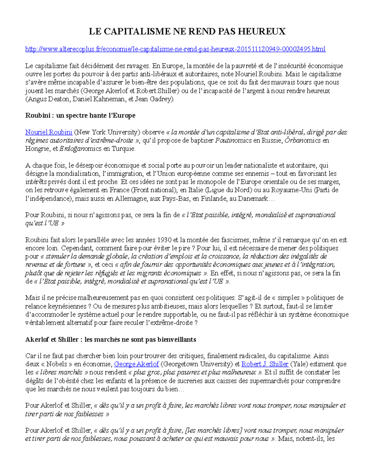 Le capitalisme ne rend pas heureux - LE CAPITALISME NE REND PAS HEUREUX ...