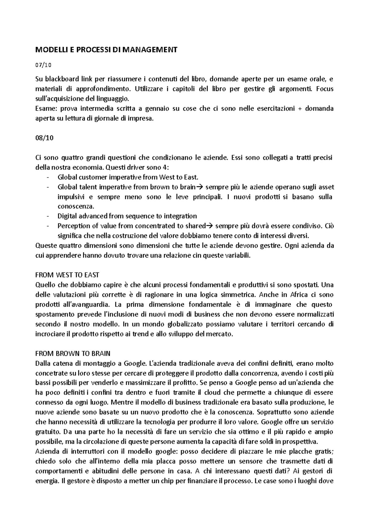 Processi di management - MODELLI E PROCESSI DI MANAGEMENT 07/ Su blackboard link per riassumere ...