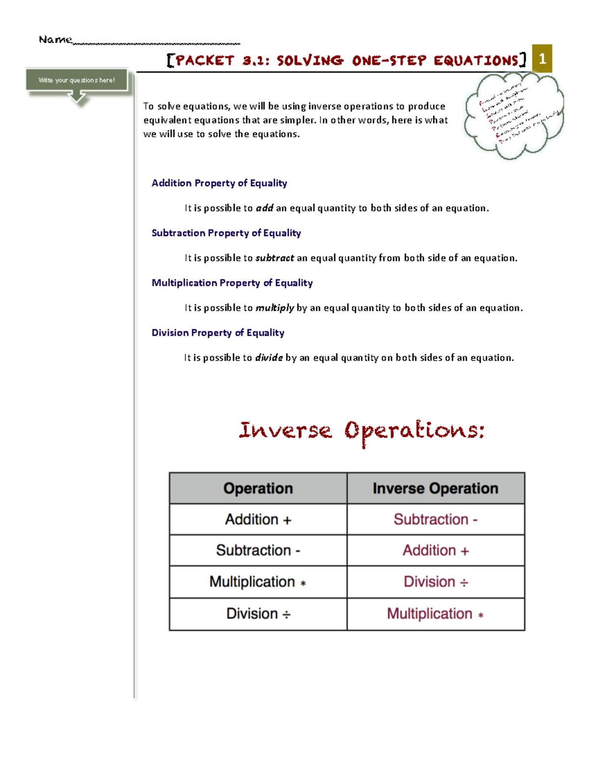 3 - Hi, this is math course - ![PACKET 3: SOLVING ONE-STEP EQUATIONS] 1 ...
