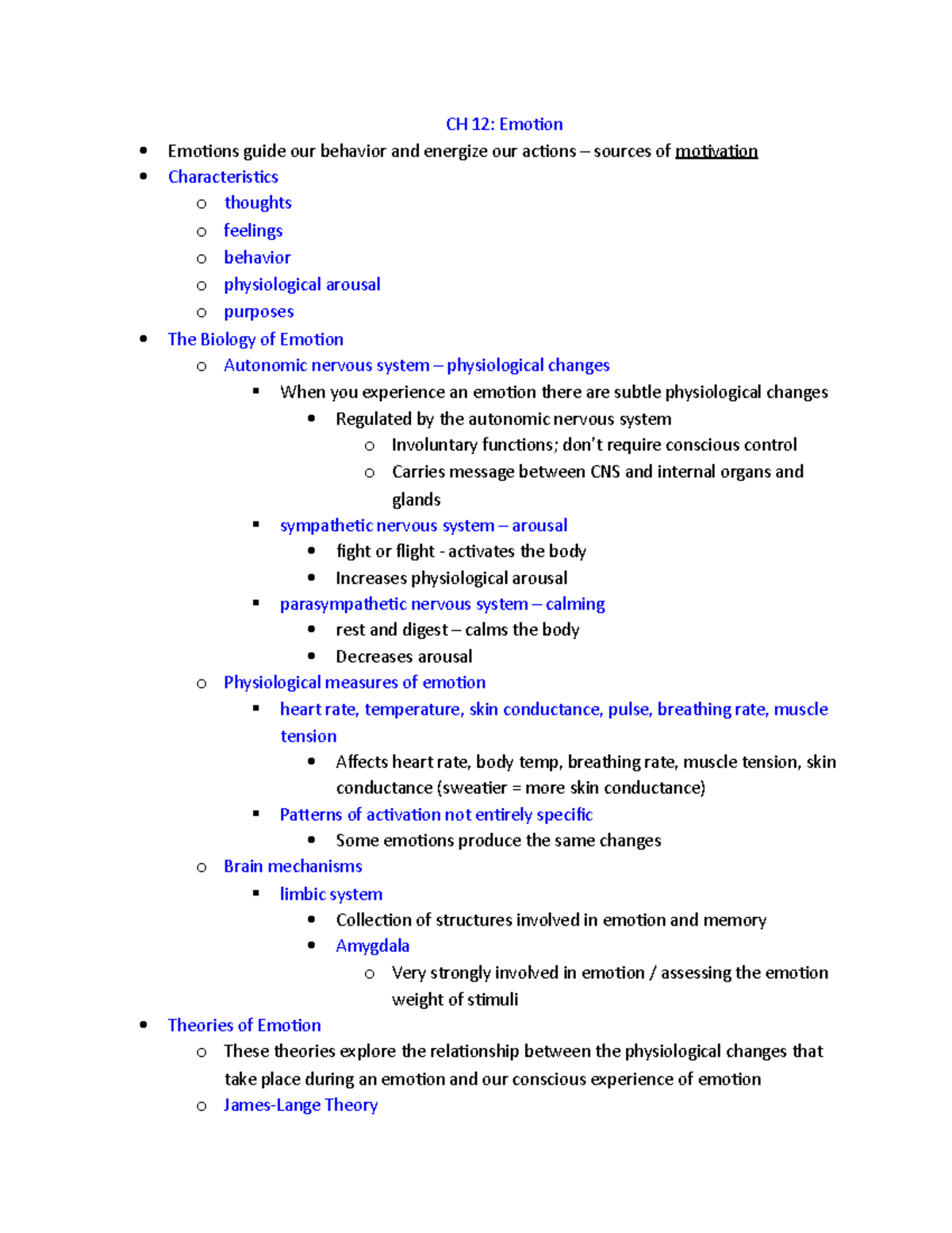 Chapter 12: Emotion notes - CH 12: Emotion Emotions guide our behavior ...