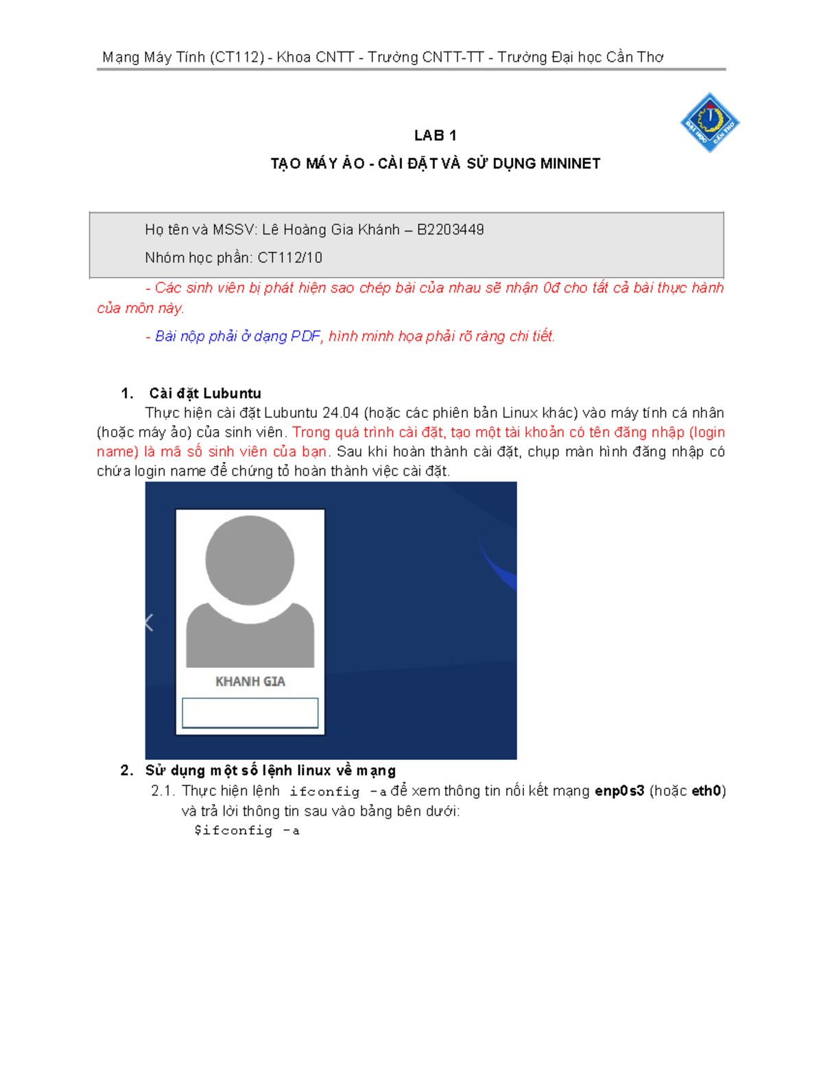B2203449 MMT Lab1 2024 - MMT - LAB 1 TẠO MÁY ẢO - CÀI ĐẶT VÀ SỬ DỤNG MININET Họ tên và MSSV: Lê ...