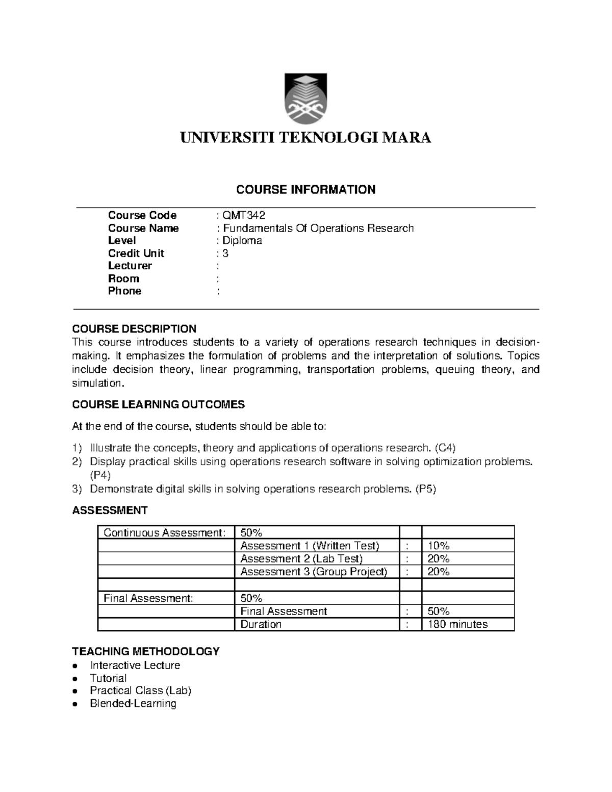 QMT342- Course Information AND Scheme OF WORK (SOW) - UNIVERSITI TEKNOLOGI MARA COURSE ...