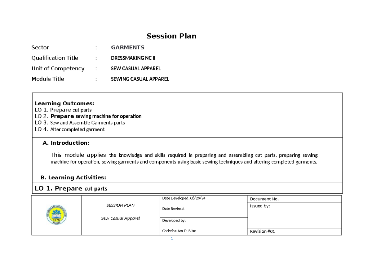 Sample Session Plan - Session Plan Sector : GARMENTS Qualification ...