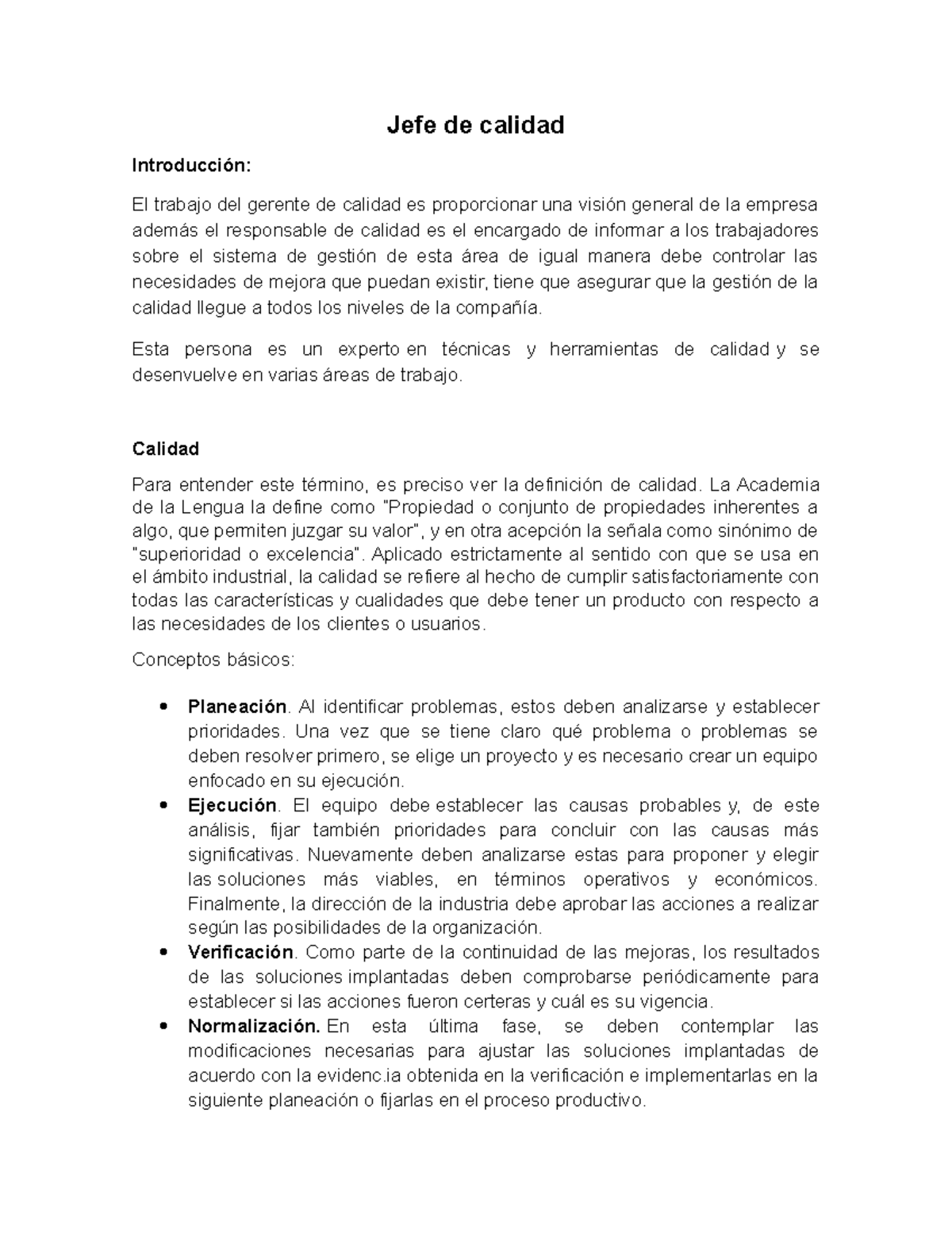 Jefe de calidad PEO - PEO - Jefe de calidad Introducción: El trabajo ...