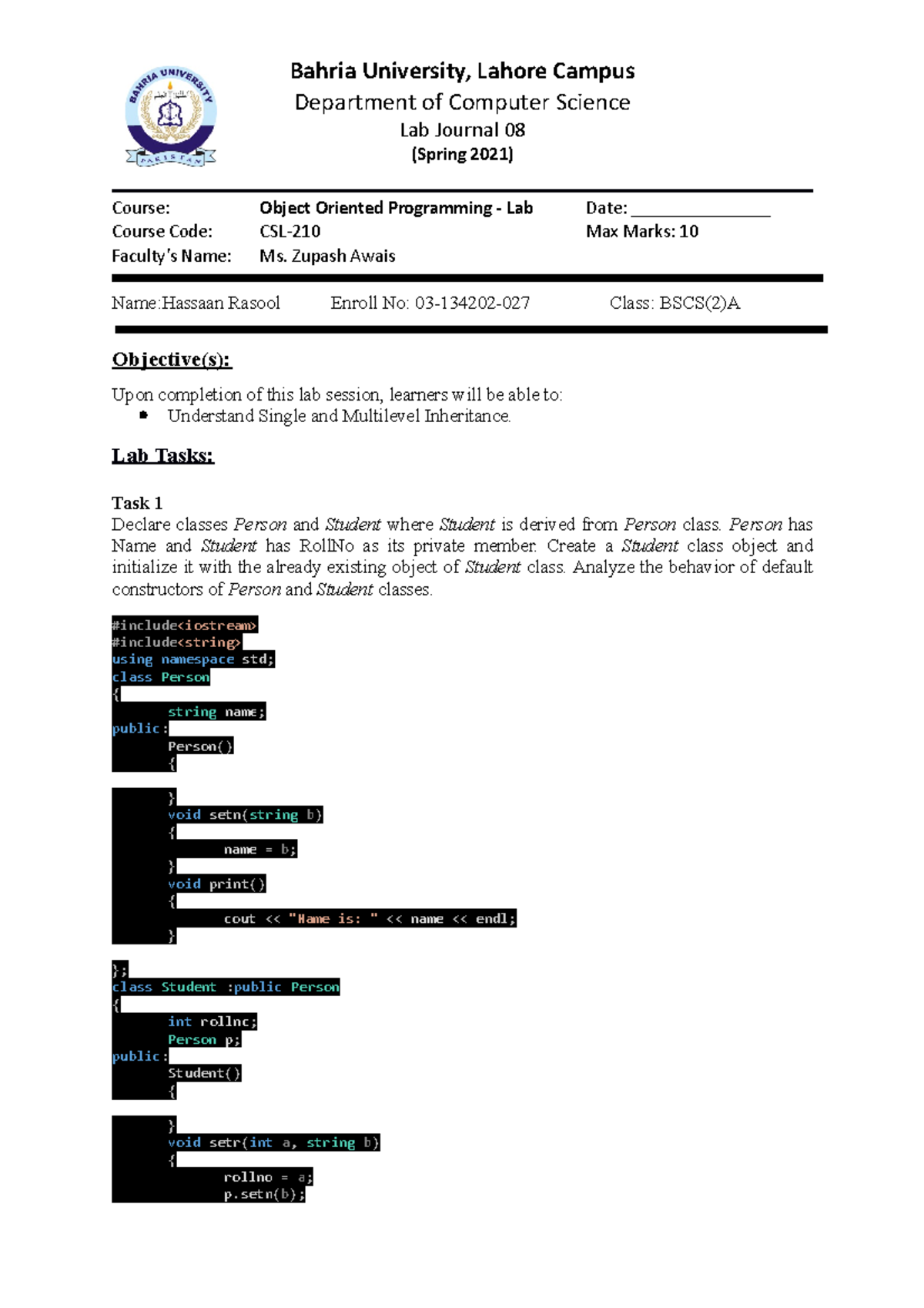 Lab Journal 08 OOP 28042021 023620 pm - Bahria University, Lahore ...