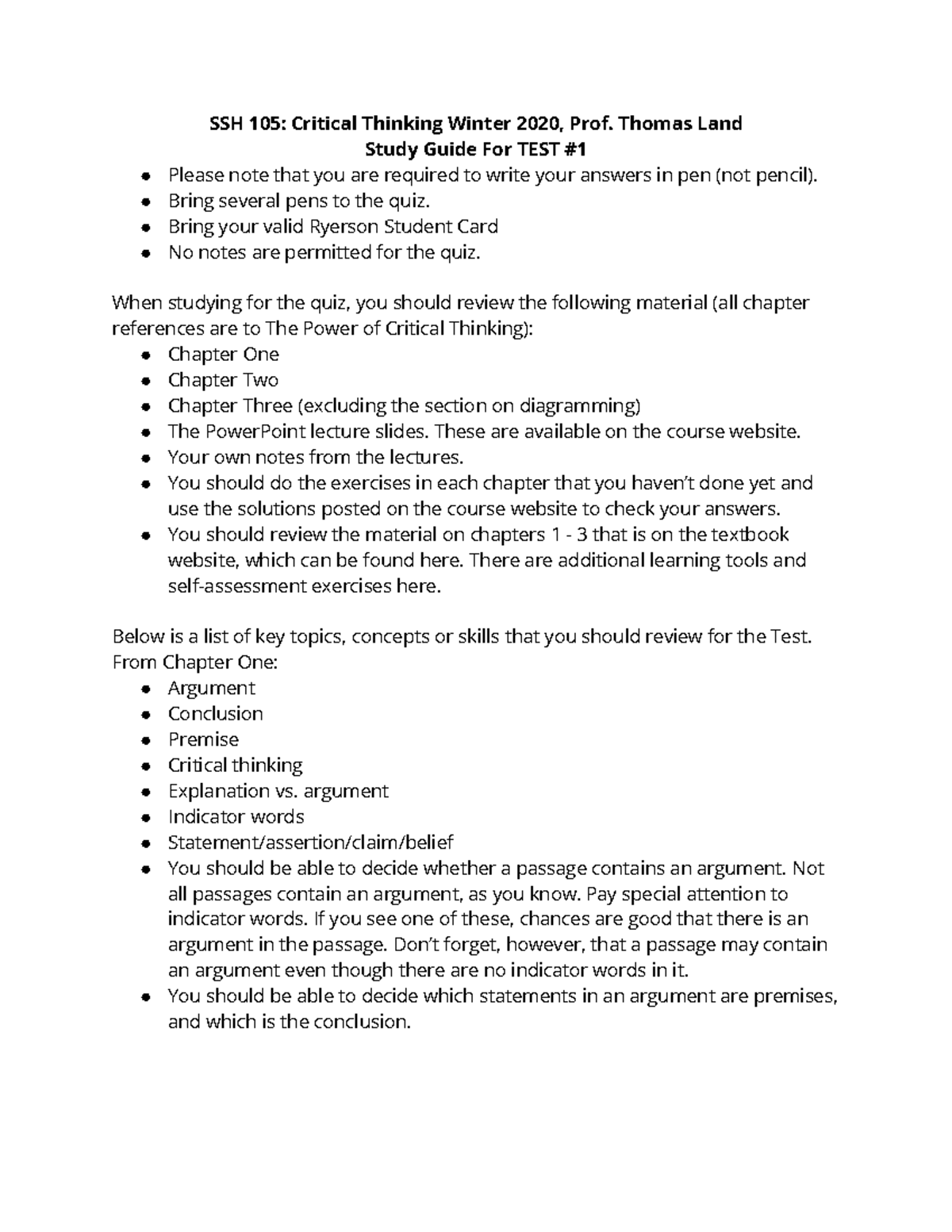 Study Guide for Test 1, SSH 105, W2020 - SSH 105: Critical Thinking ...