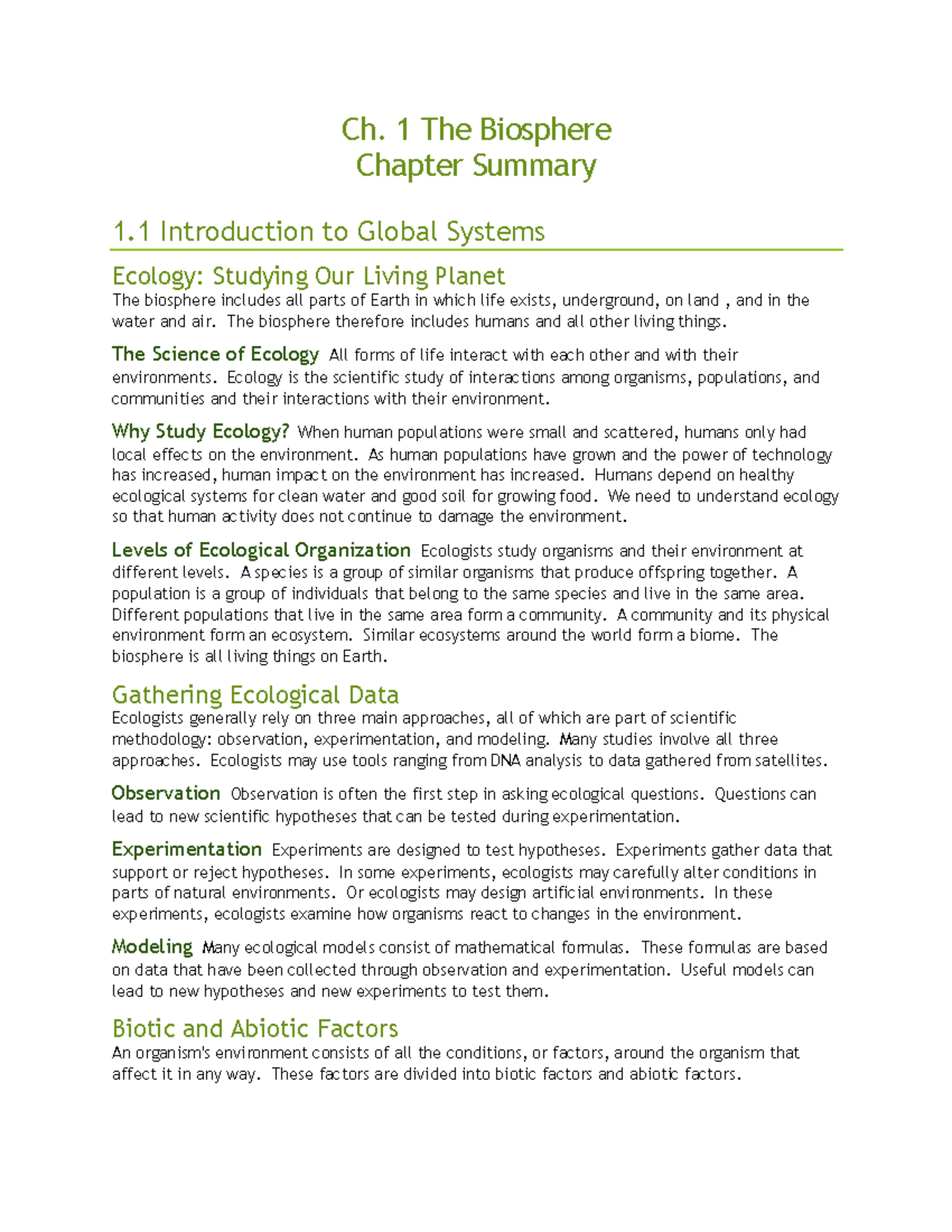 Chapter One Biosphere Summary Next Gen Biology - Ch. 1 The Biosphere ...