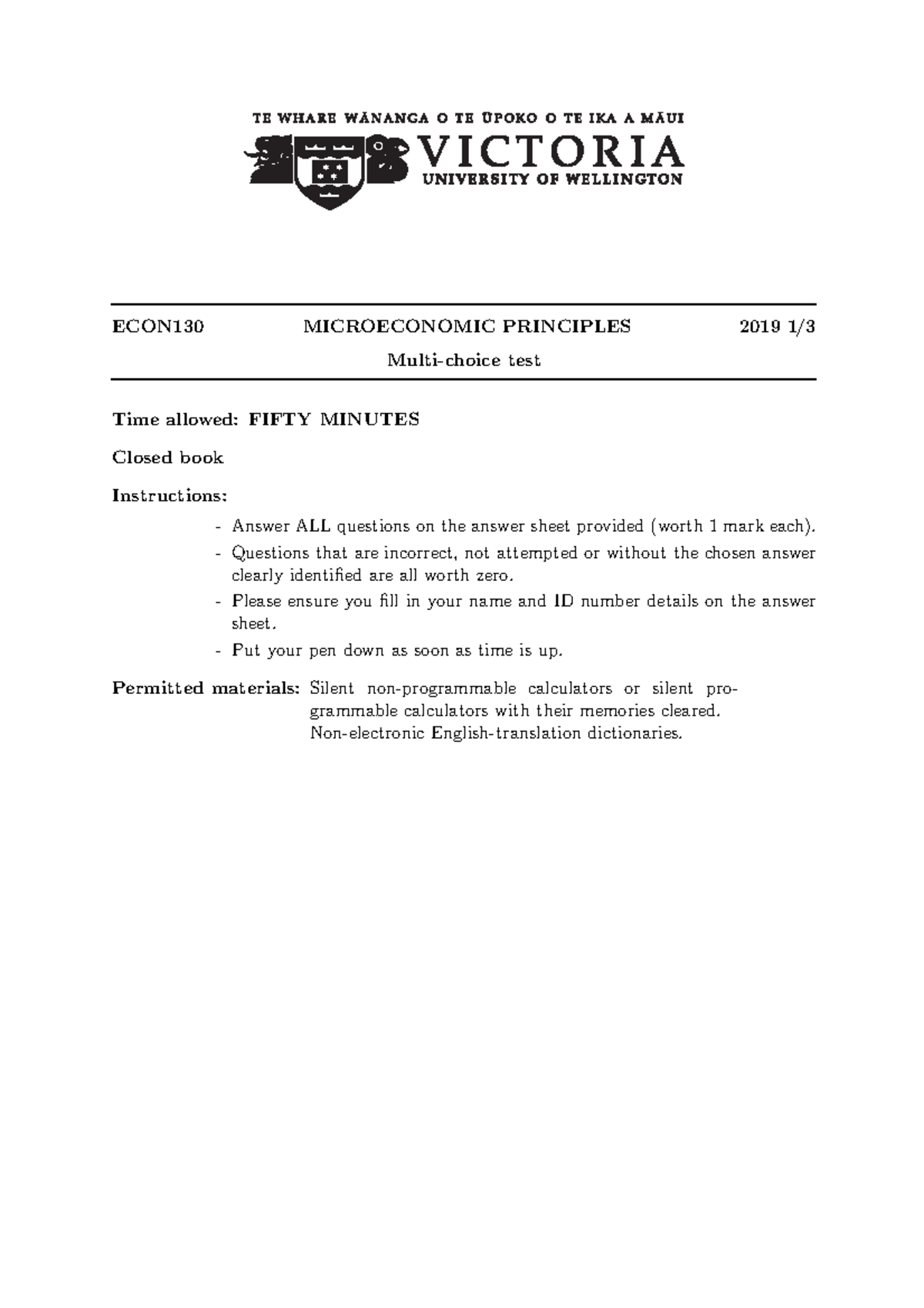 Econ130 19-1 test (with answers) - ECON130 MICROECONOMIC PRINCIPLES ...