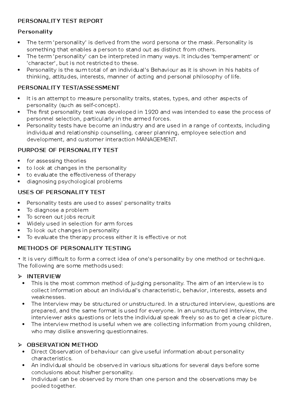 Personality-TEST - PERSONALITY TEST REPORT Personality The term ...