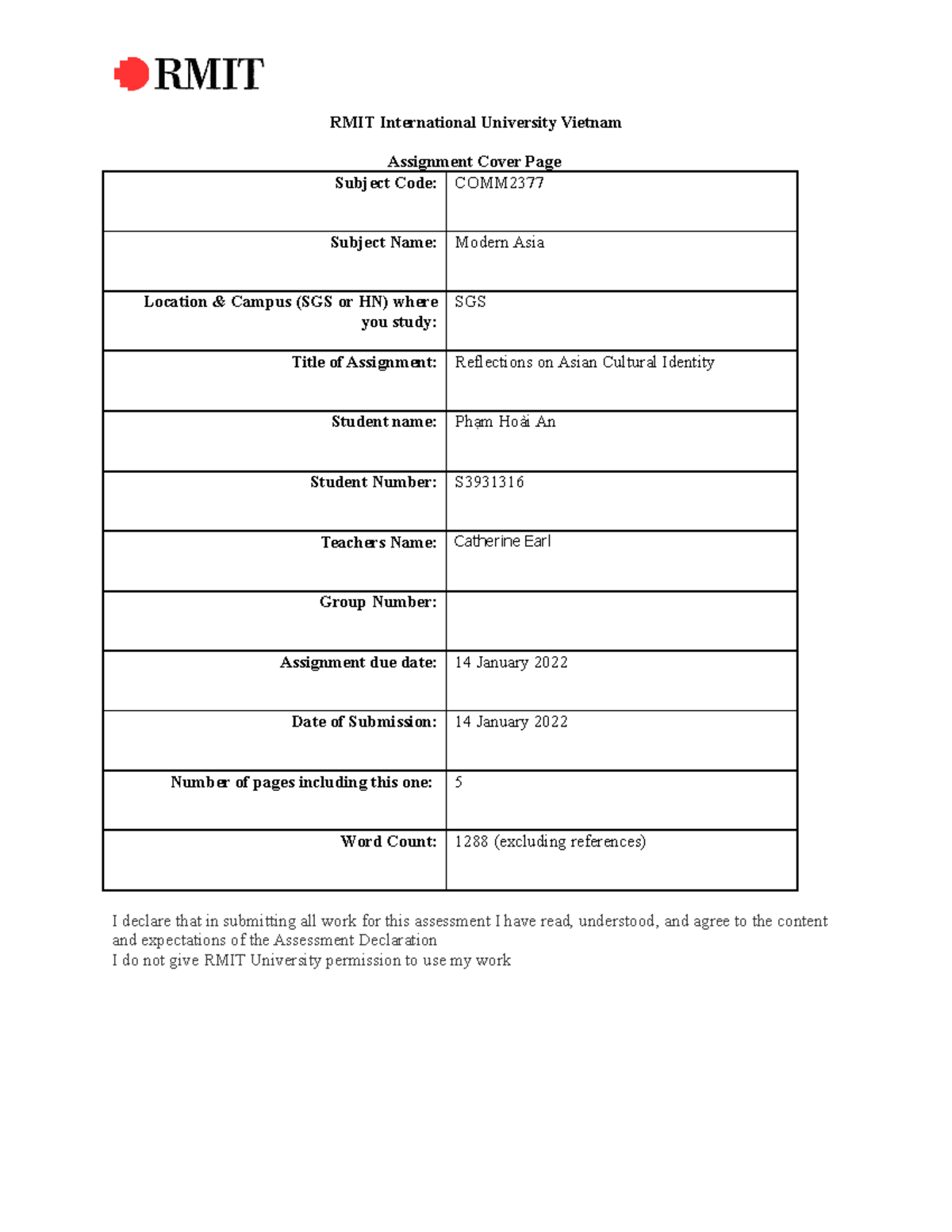 individual Reflective writing - RMIT International University Vietnam ...