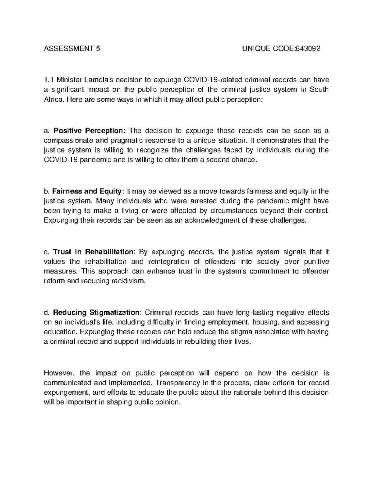Assesment 5 Unique Code Assessment 5 Unique Code 1 Minister Lamolas Decision To Expunge 