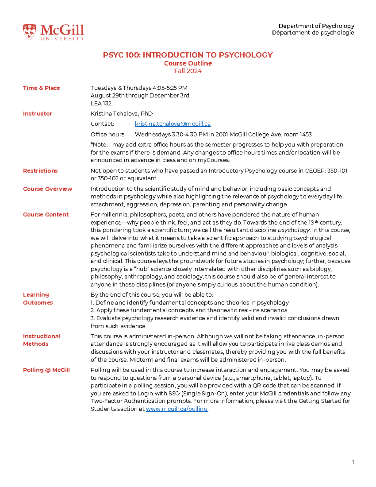 PSYC100 F2024 syllabus final - PSYC 100 : INTRODUCTION TO PSYCHOLOGY ...