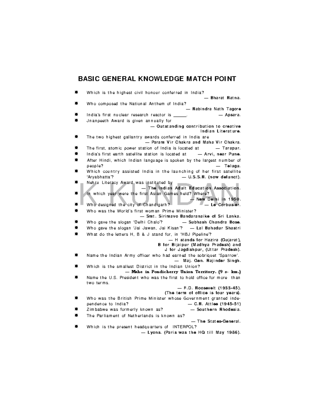 Basic General Knowledge Match Point - K KUNDAN BASIC GENERAL KNOWLEDGE ...