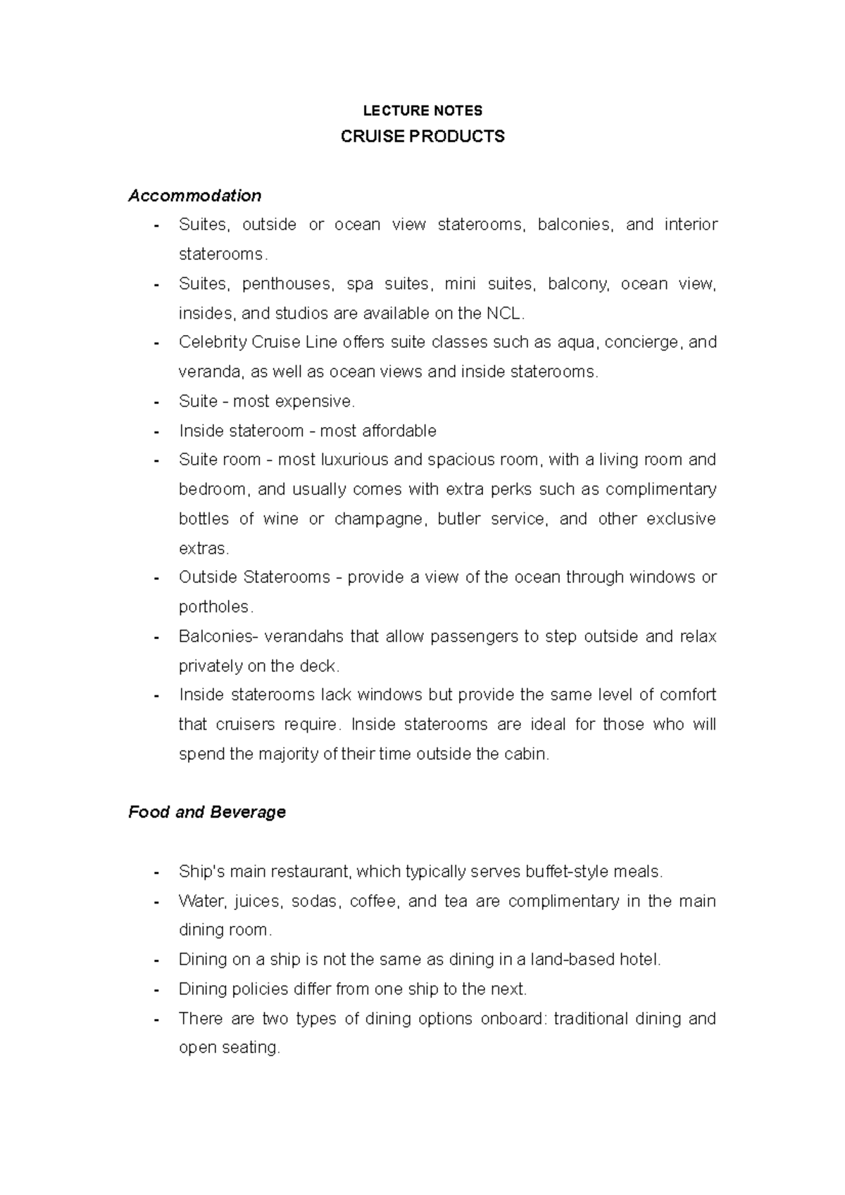 Cruise Products Lecture Notes - LECTURE NOTES CRUISE PRODUCTS ...