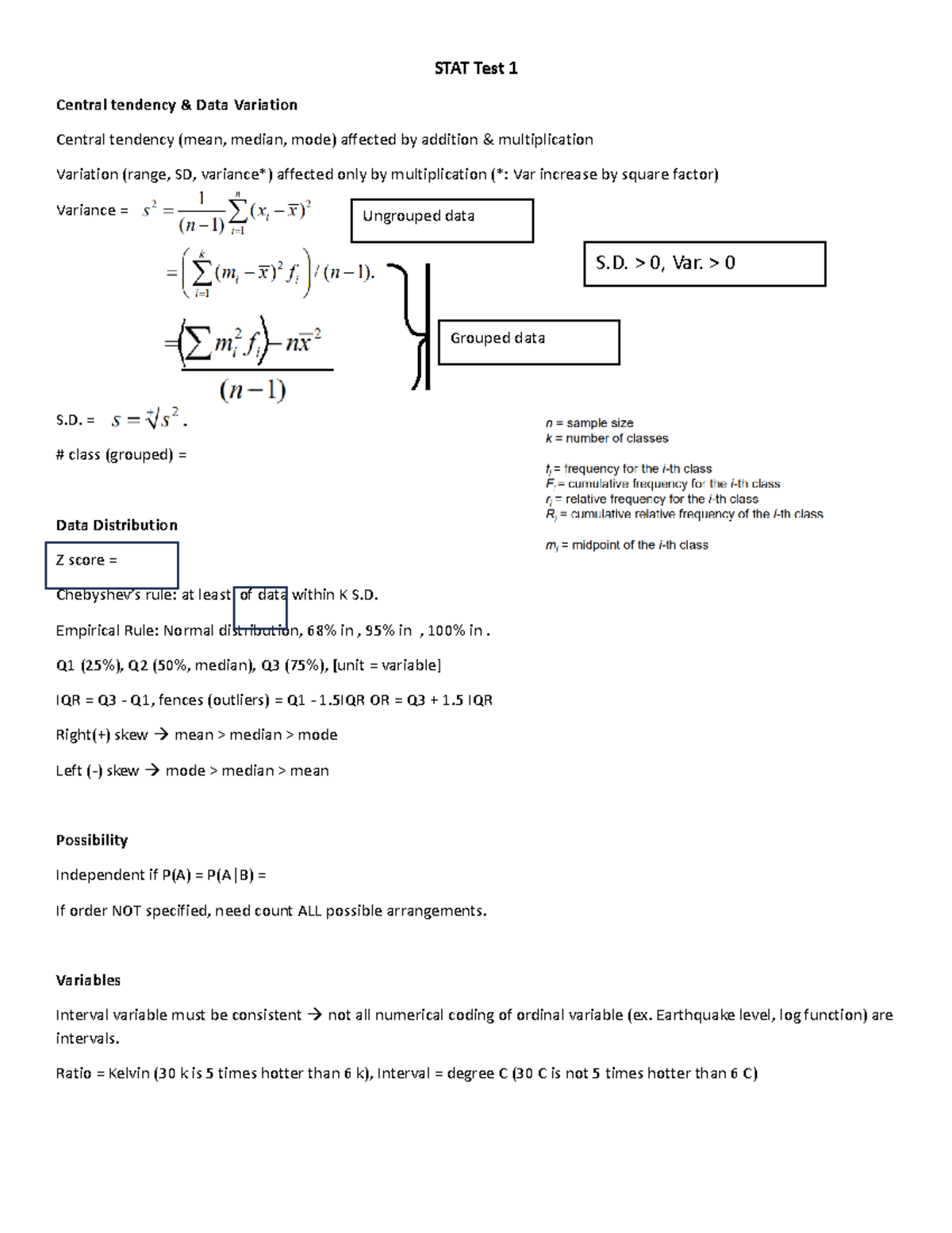 Data sheet - STAT Test 1 Central tendency & Data Variation Central ...