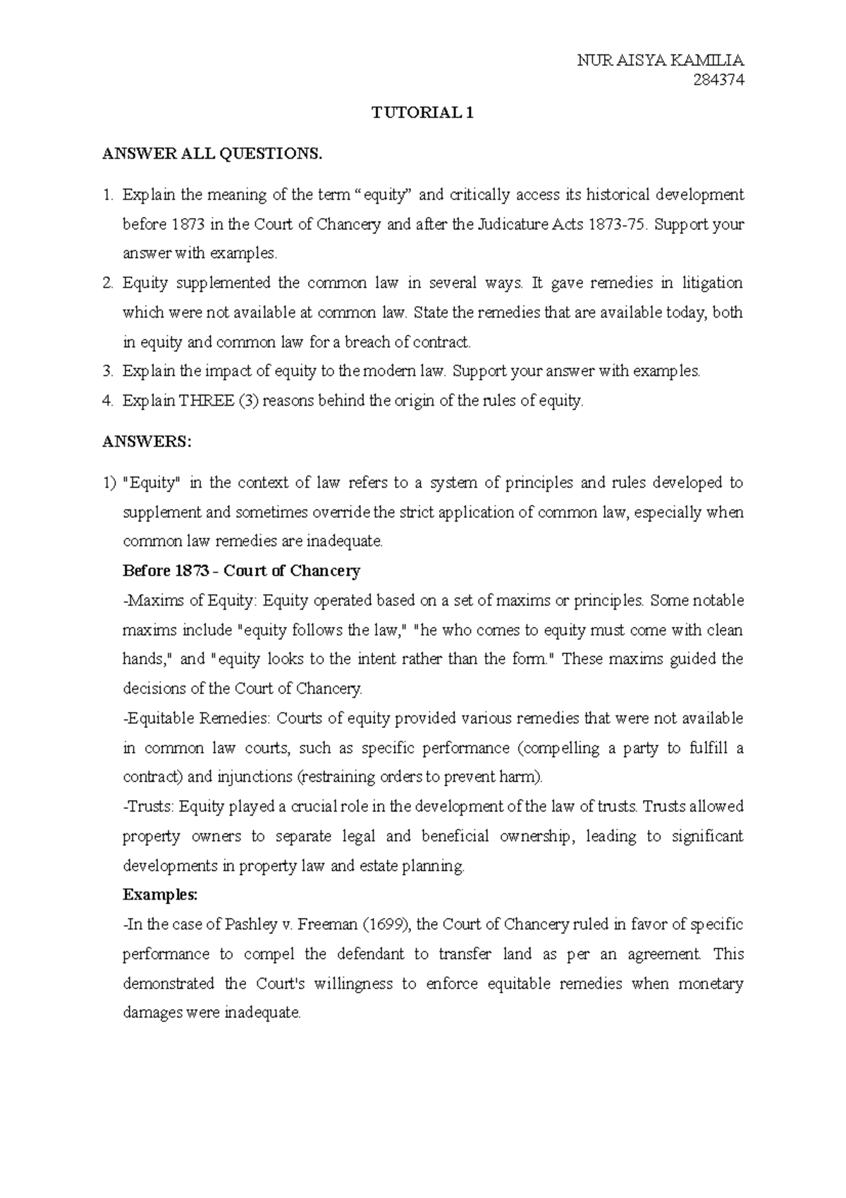 TUTORIAL 1 QUESTIONS - 284374 TUTORIAL 1 ANSWER ALL QUESTIONS. Explain ...