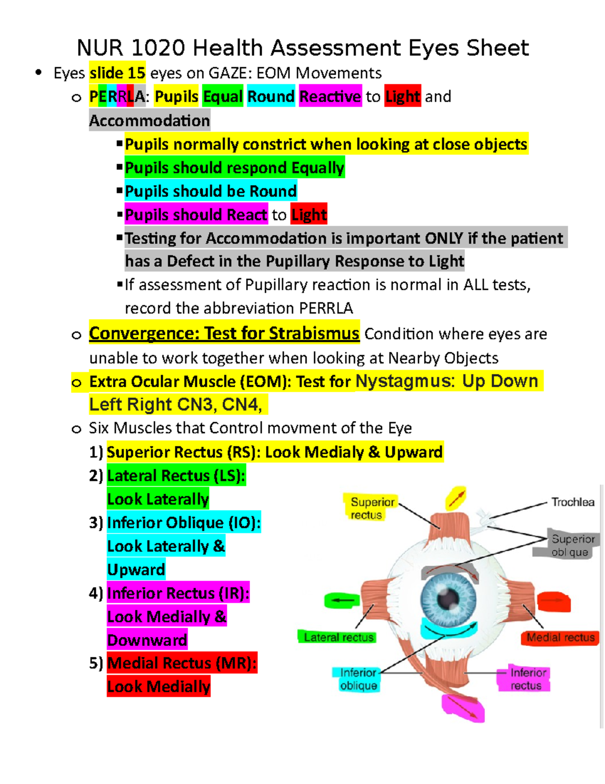 NUR 1020 Health Assessment Eyes Sheet - NUR1020 - Studocu