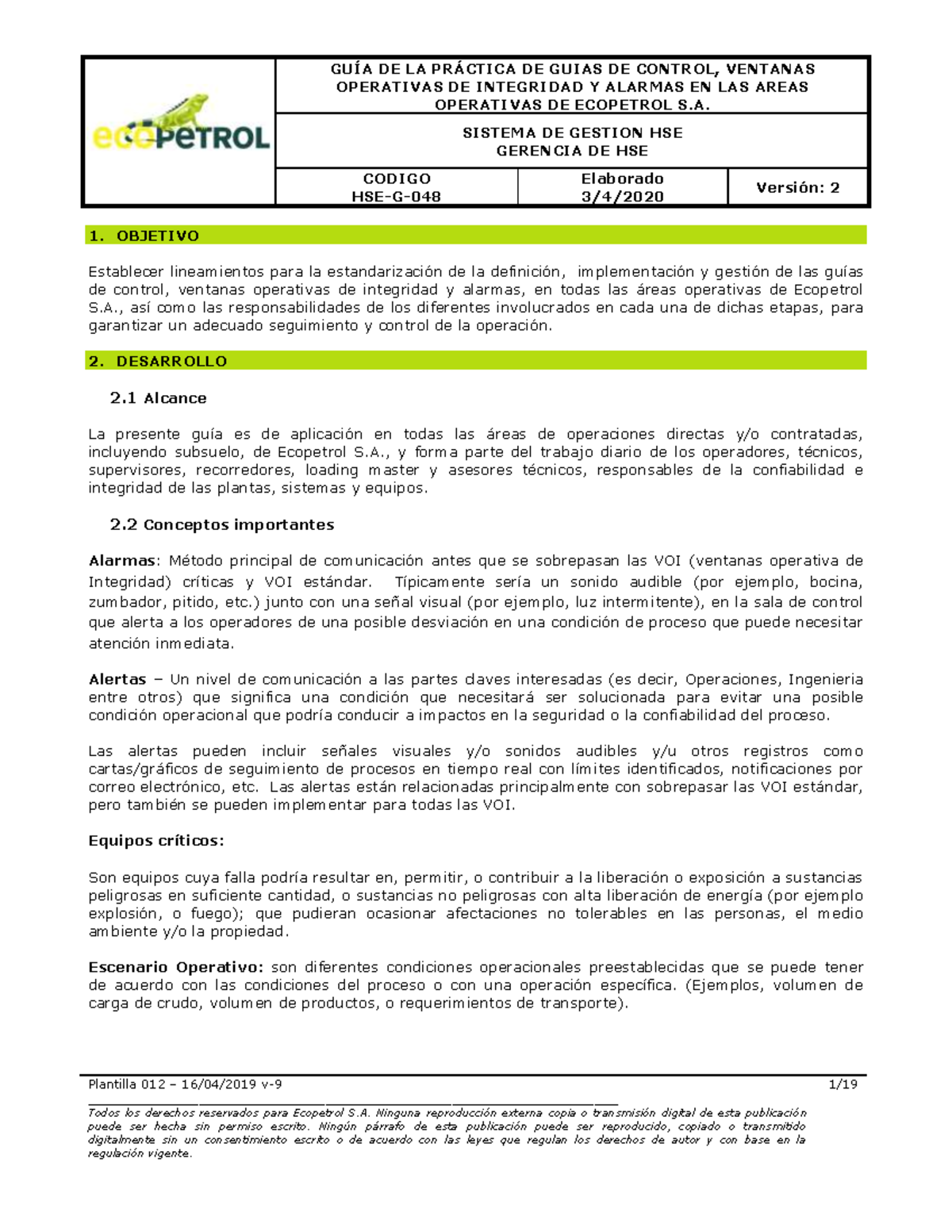 HSE-G-048 Guia para desarrollo de GC y VOI - OPERATIVAS DE INTEGRIDAD Y ALARMAS EN LAS AREAS ...