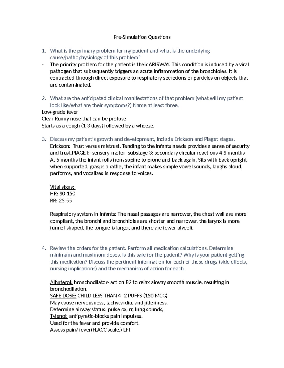 PRE SIM PEDS - Pediatric sim - Pre-Simulation Questions What is the ...