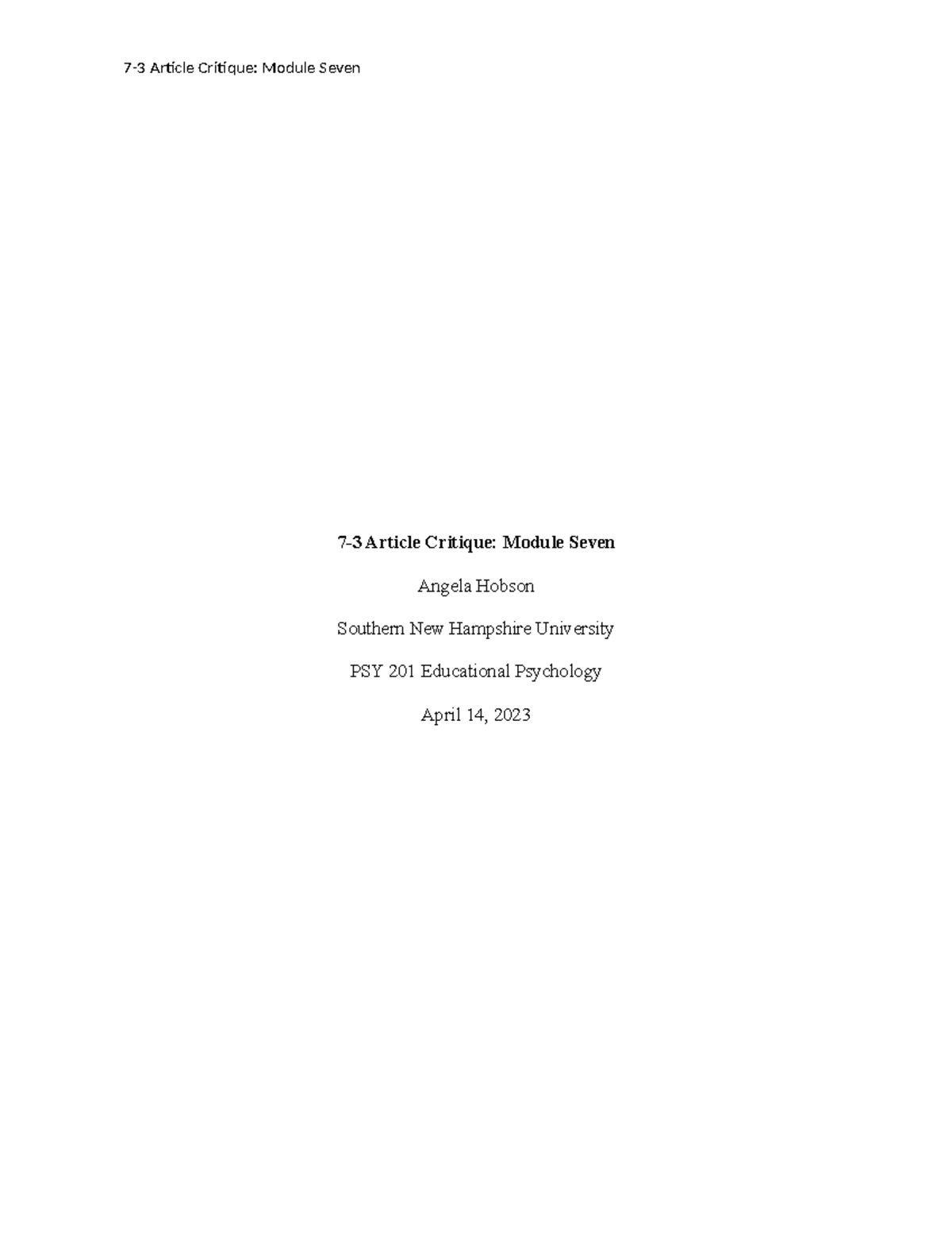 Angela Hobson 7-3 Article Critique Module Seven - 7-3 Article Critique ...