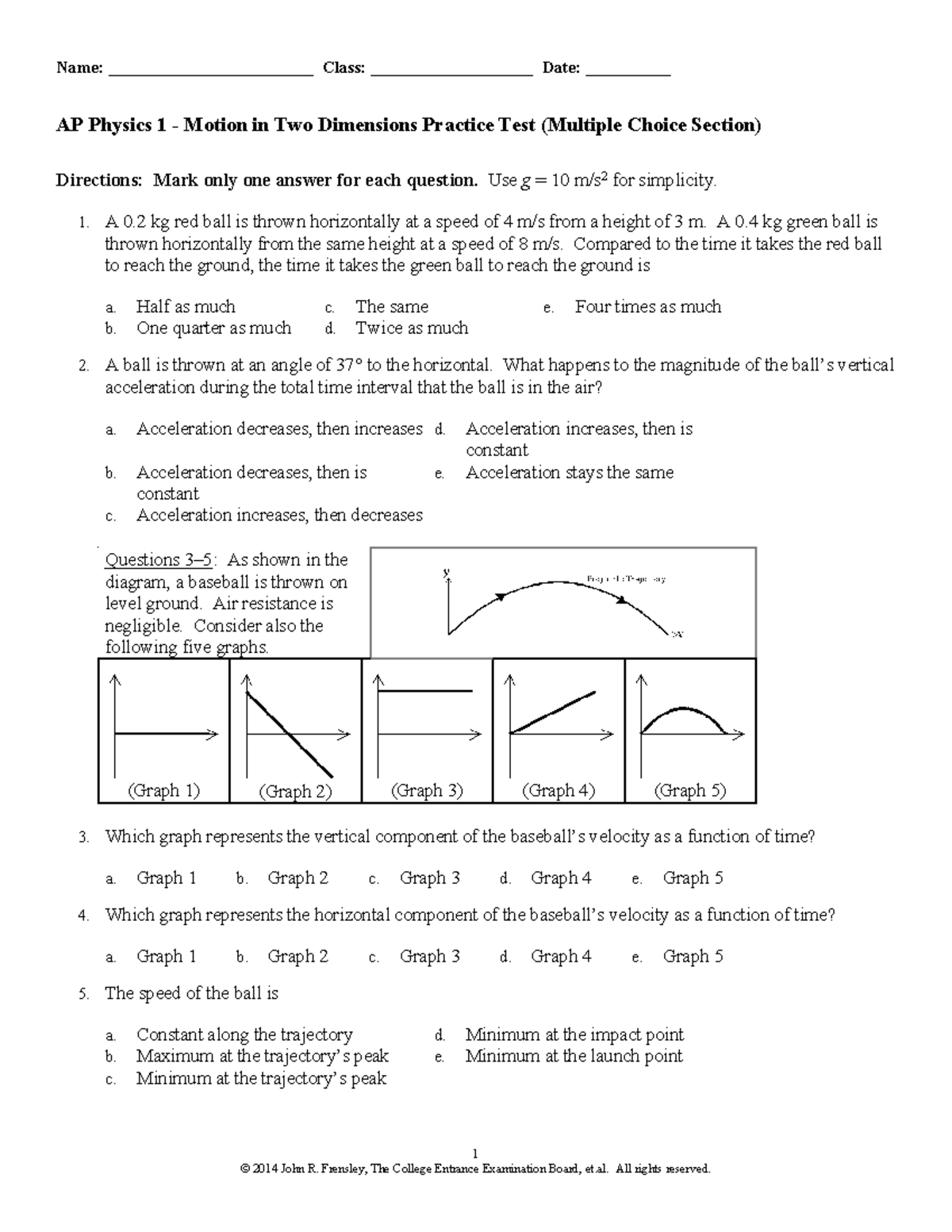 Practice Test MC - Unit P1-02 Motion in Two Dimensions - Name ...