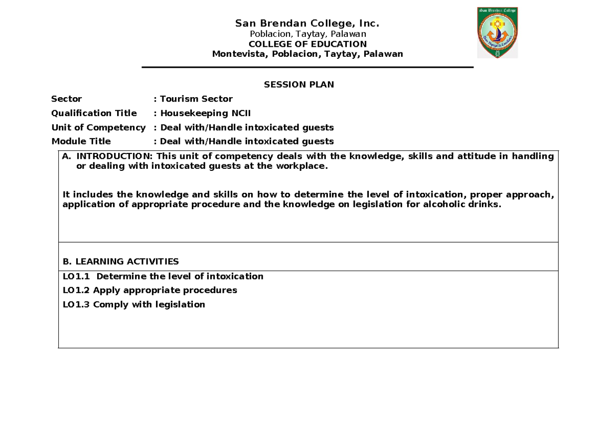 Assessment Session PLAN - SESSION PLAN Sector : Tourism Sector ...
