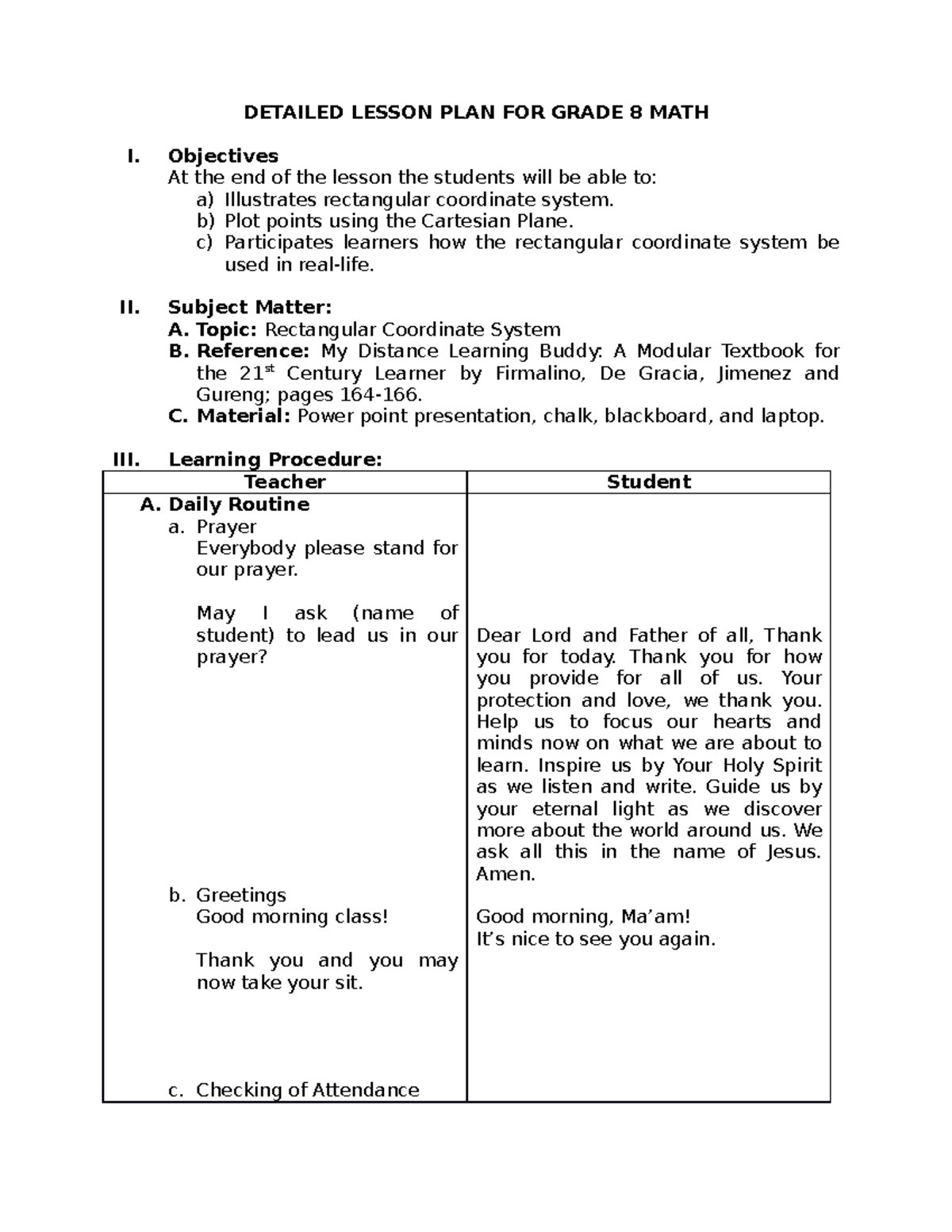 Detailed Lesson PLAN (rectangular coordinate system) - DETAILED LESSON ...