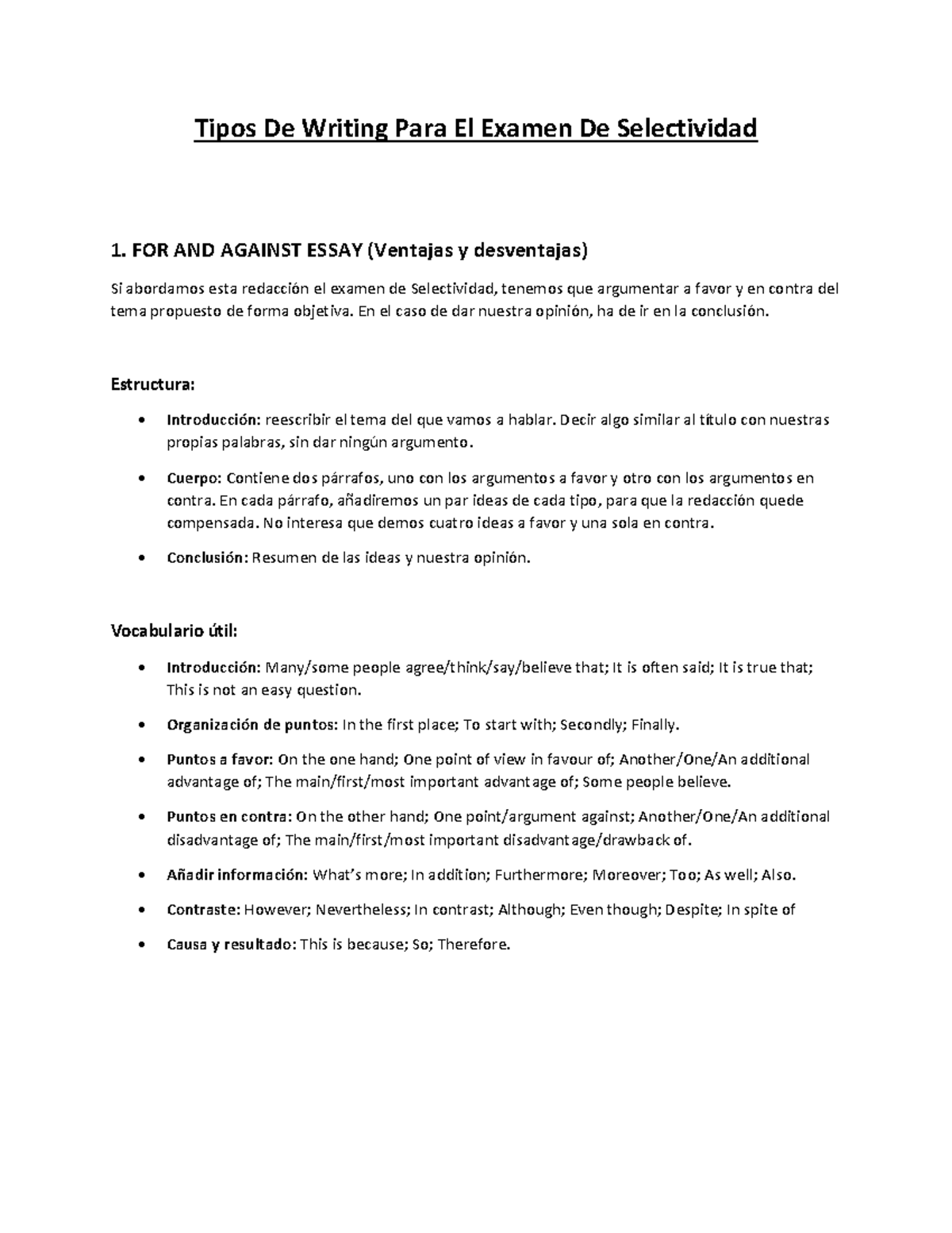 Tipos De Writing Para El Examen De Selectividad - FOR AND AGAINST ESSAY ...