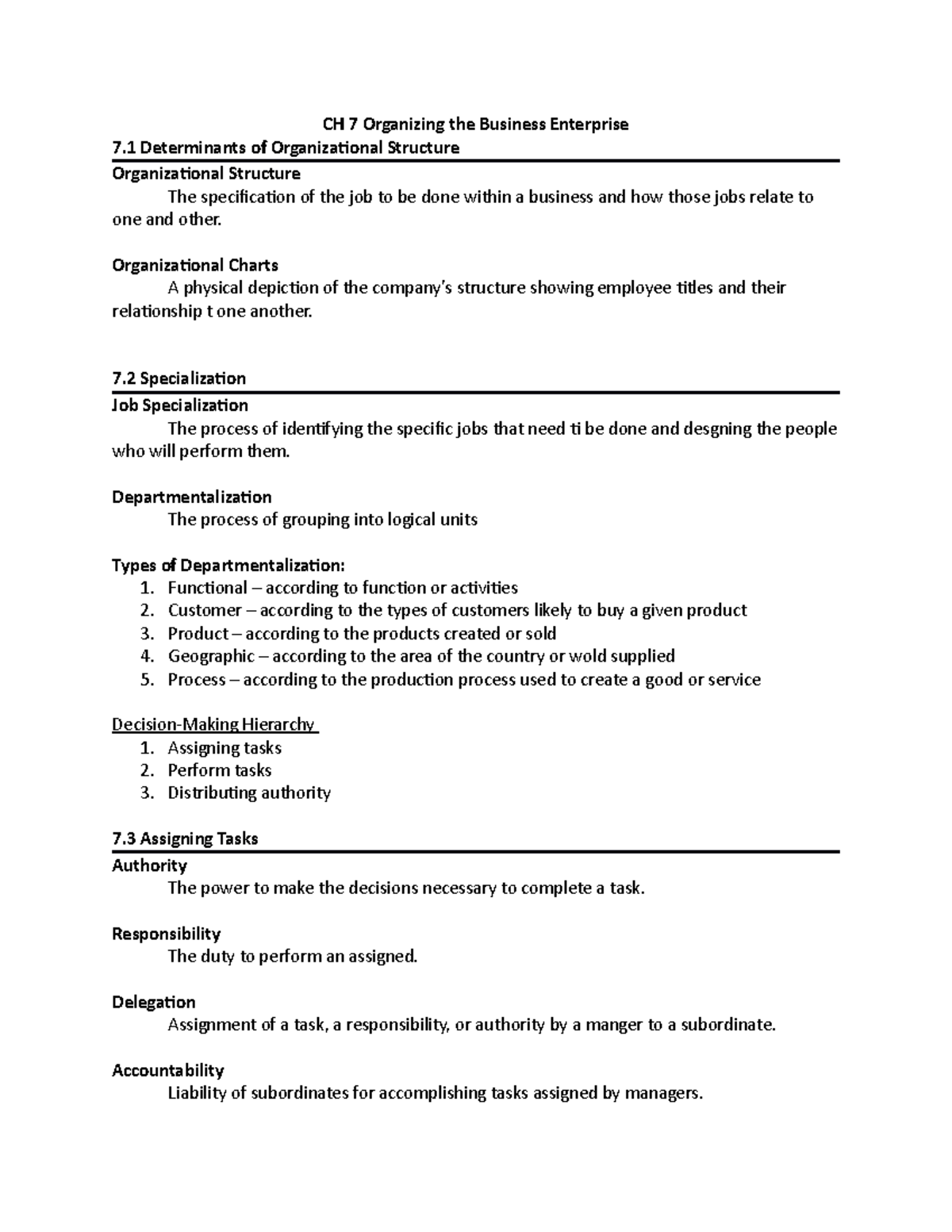 Chapter 7 Notes - Business 1000 - CH 7 Organizing the Business ...