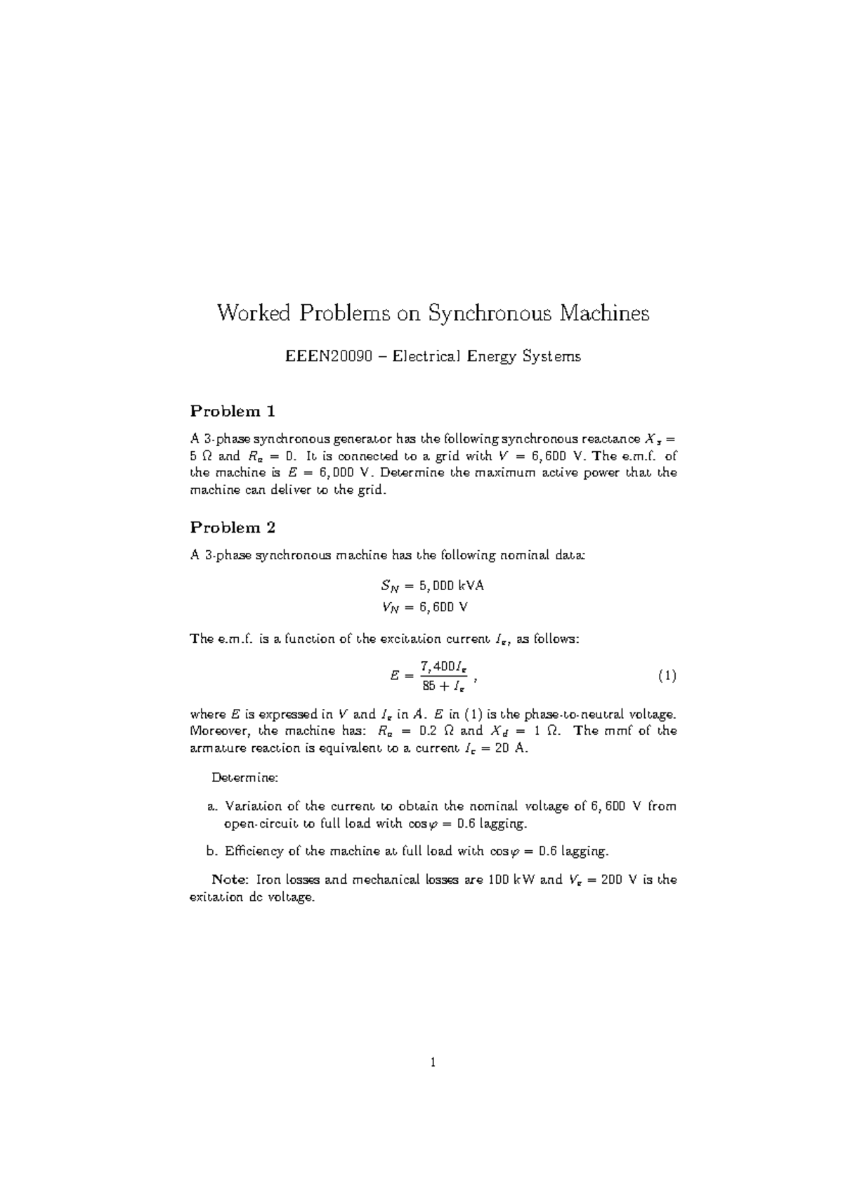 Synchronous problems - electrical - Worked Problems on Synchronous Machines EEEN20090 ...
