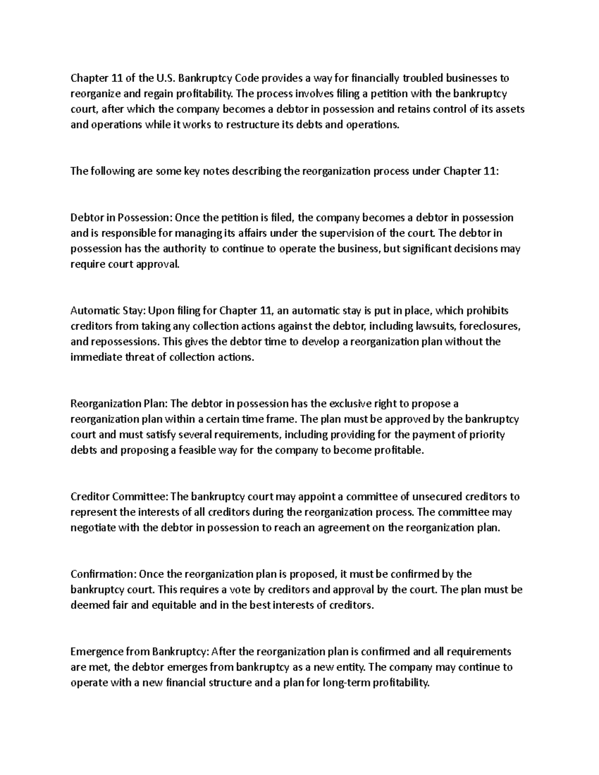 S1 - Notes describing reorganization under Chapter 11 of the U.S ...
