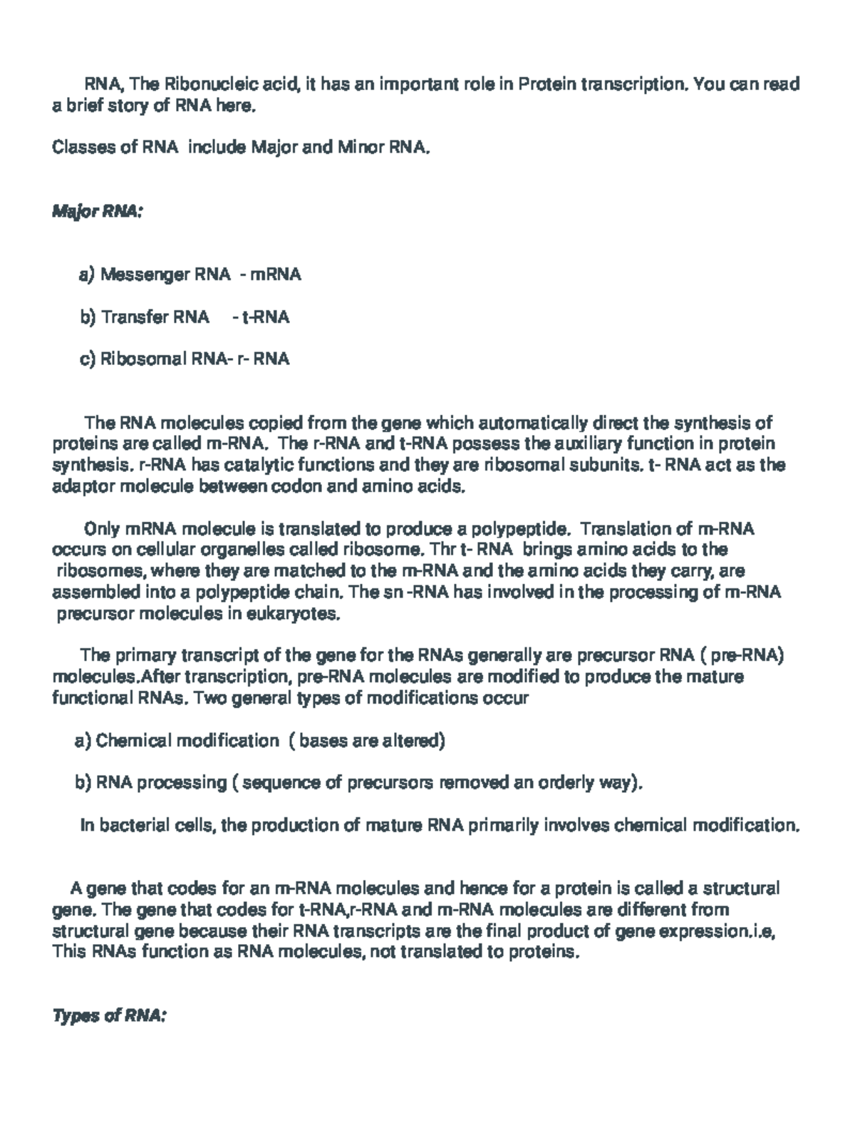 The RNA - Lecture notes on Genetics A brief notes on RNA - RNA, The ...