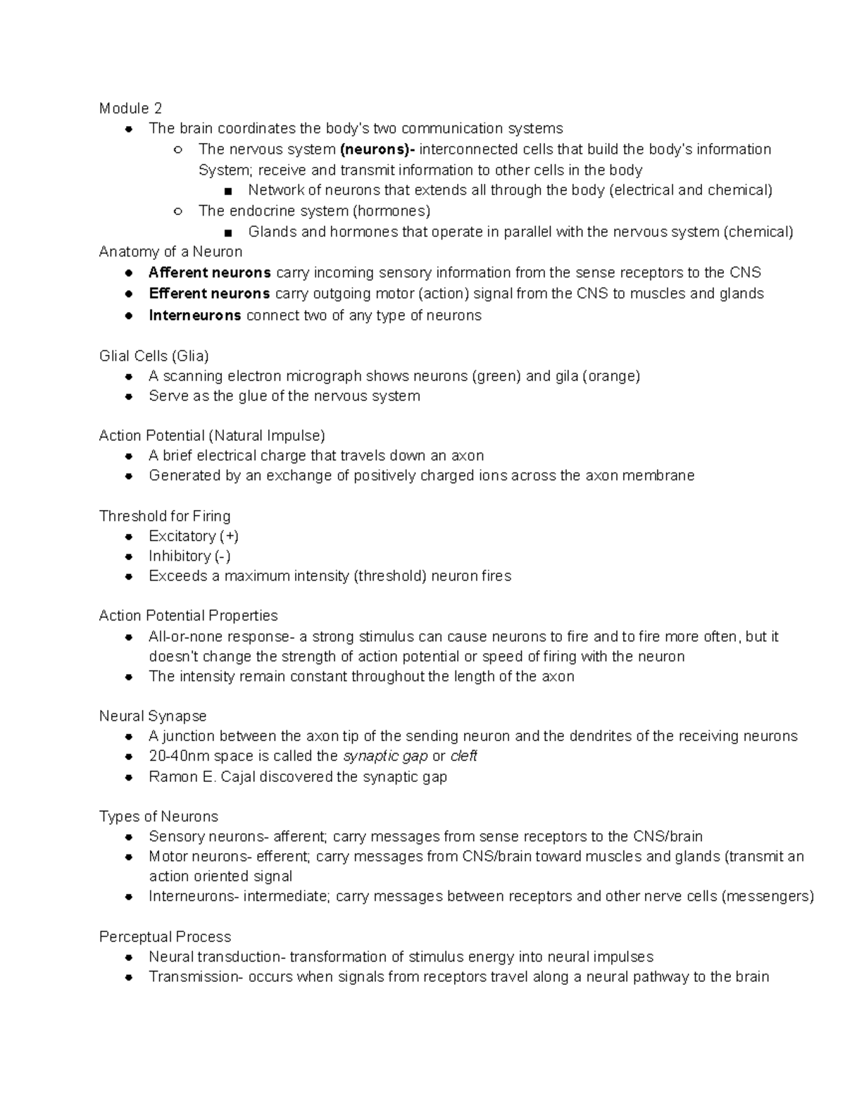 Gen Psych: Module 2 Notes - Module 2 The brain coordinates the body’s ...