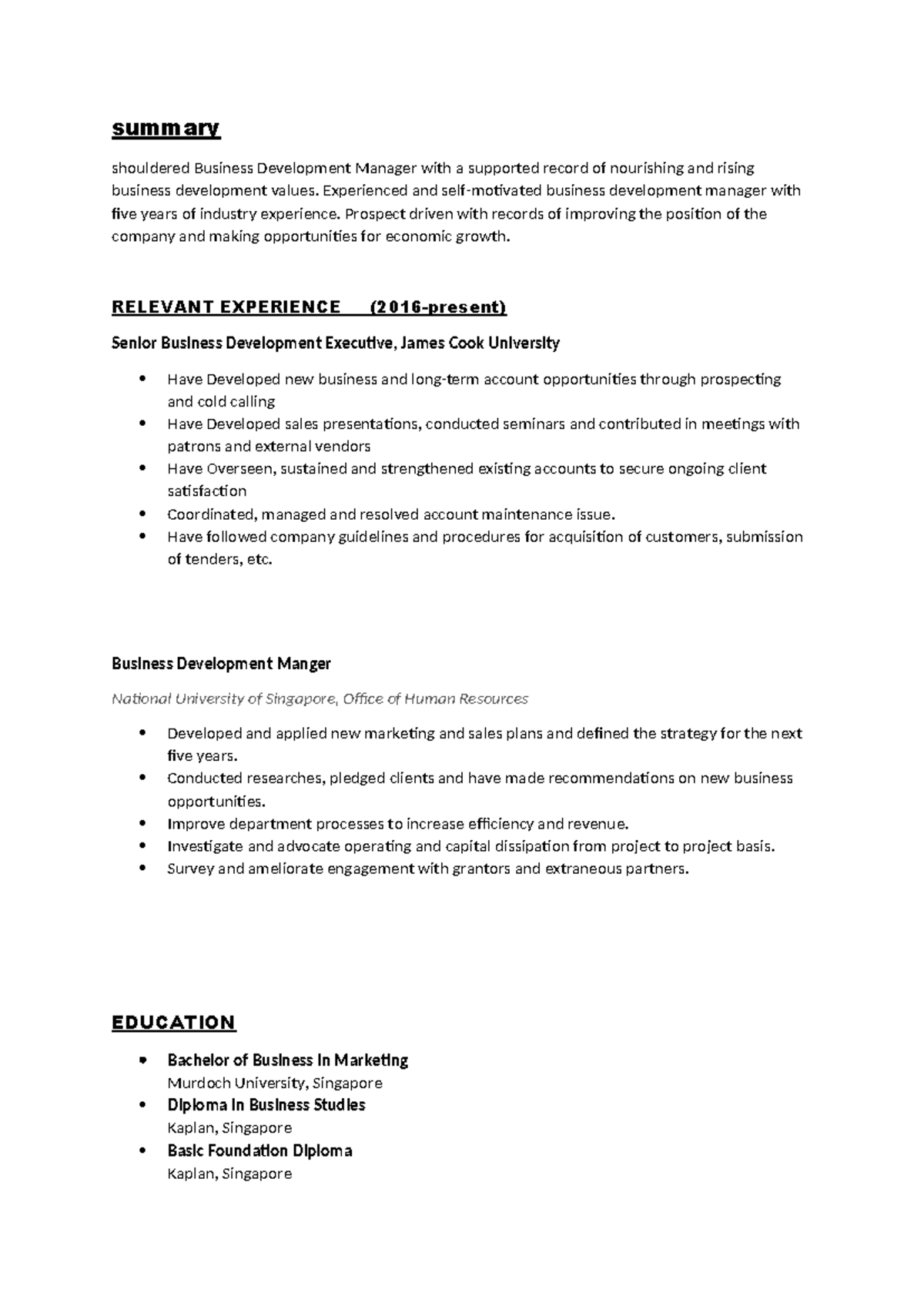CS Resume studoc - summary shouldered Business Development Manager with a supported record of ...
