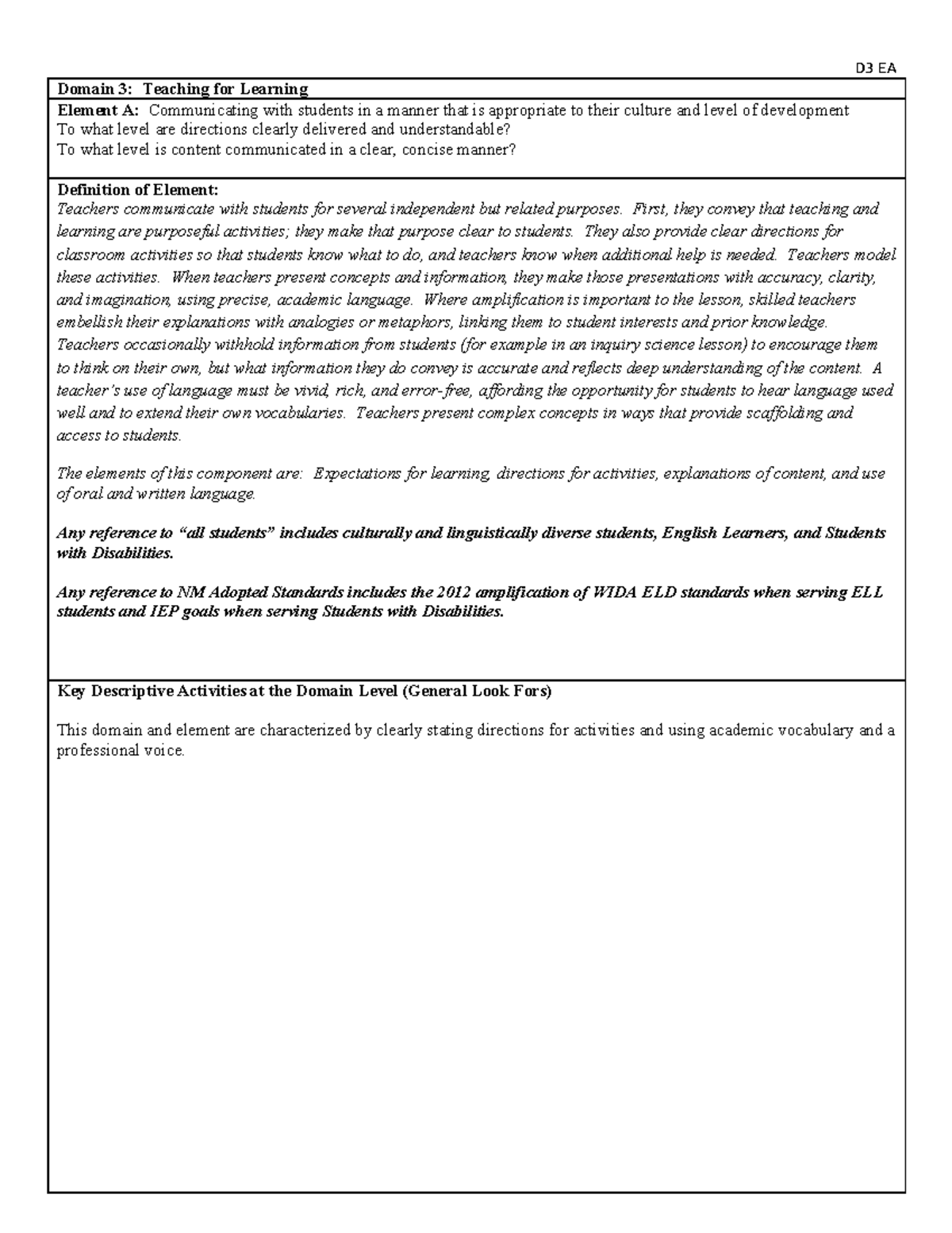 Domain-3 - Domain-3 - D3 EA Domain 3: Teaching for Learning Element A ...
