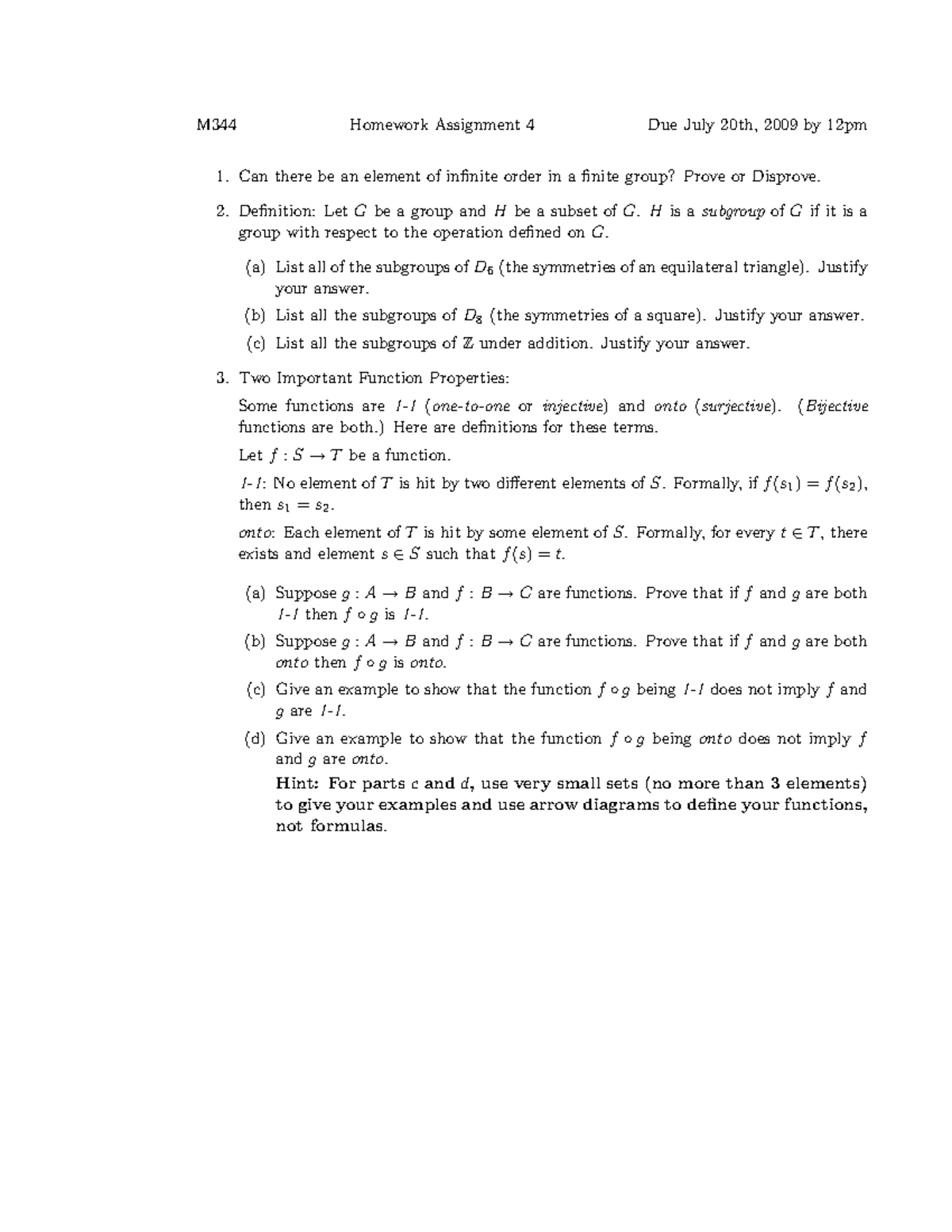 M344 Homework Assignment 4 - Can there be an element of infinite order ...