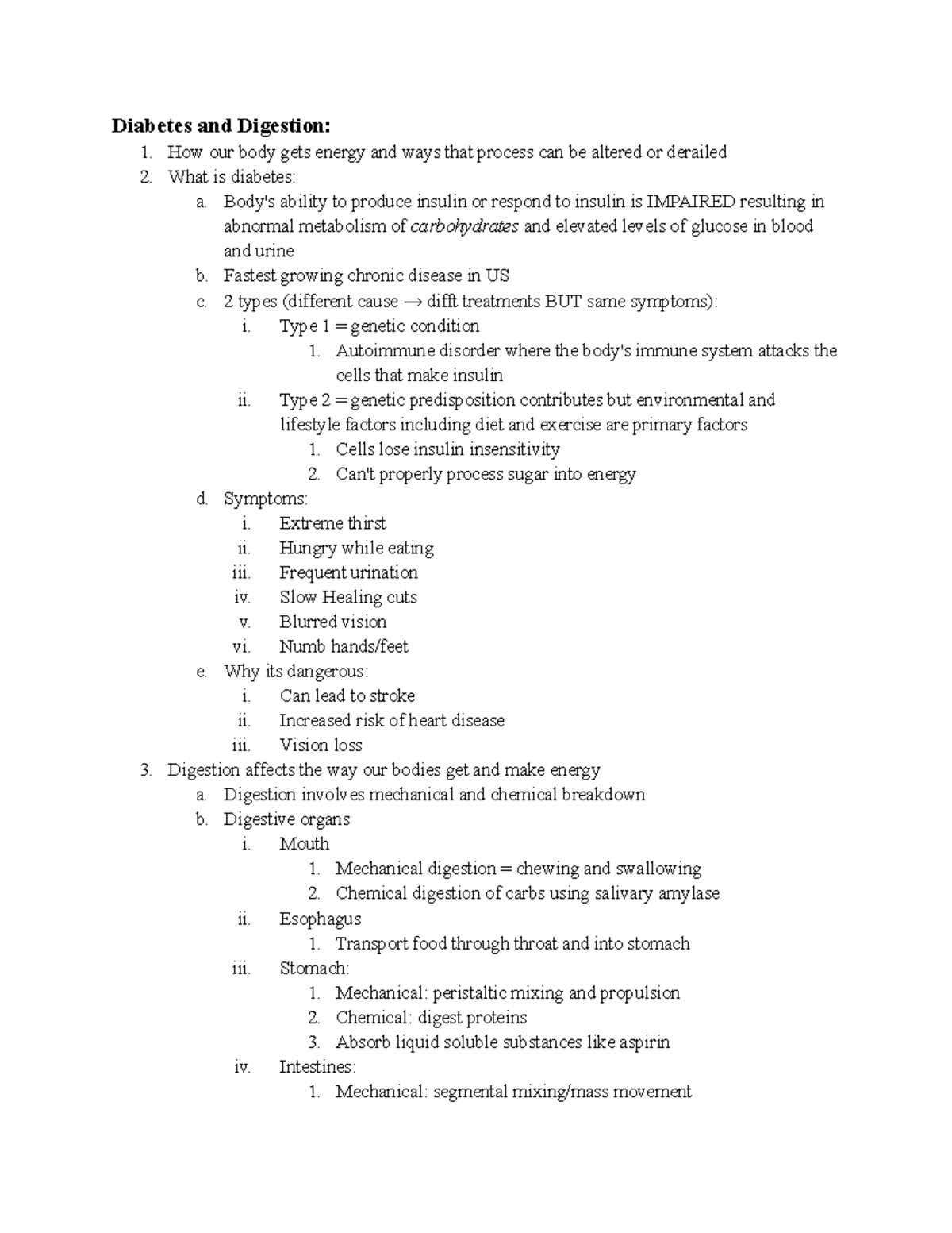 Bio Exam 4 Lecture Notesexam Review Notes Diabetes And Digestion How Our Body Gets Energy 