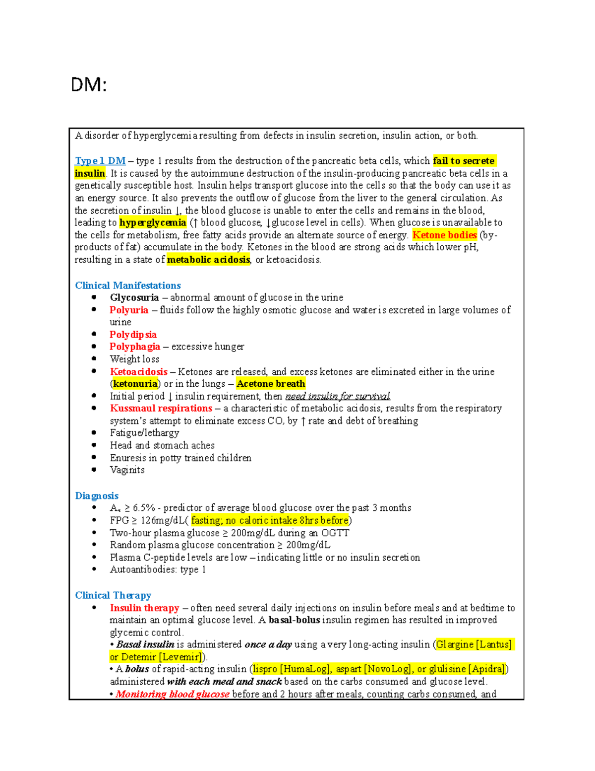 DM peds - notes - DM: A disorder of hyperglycemia resulting from ...