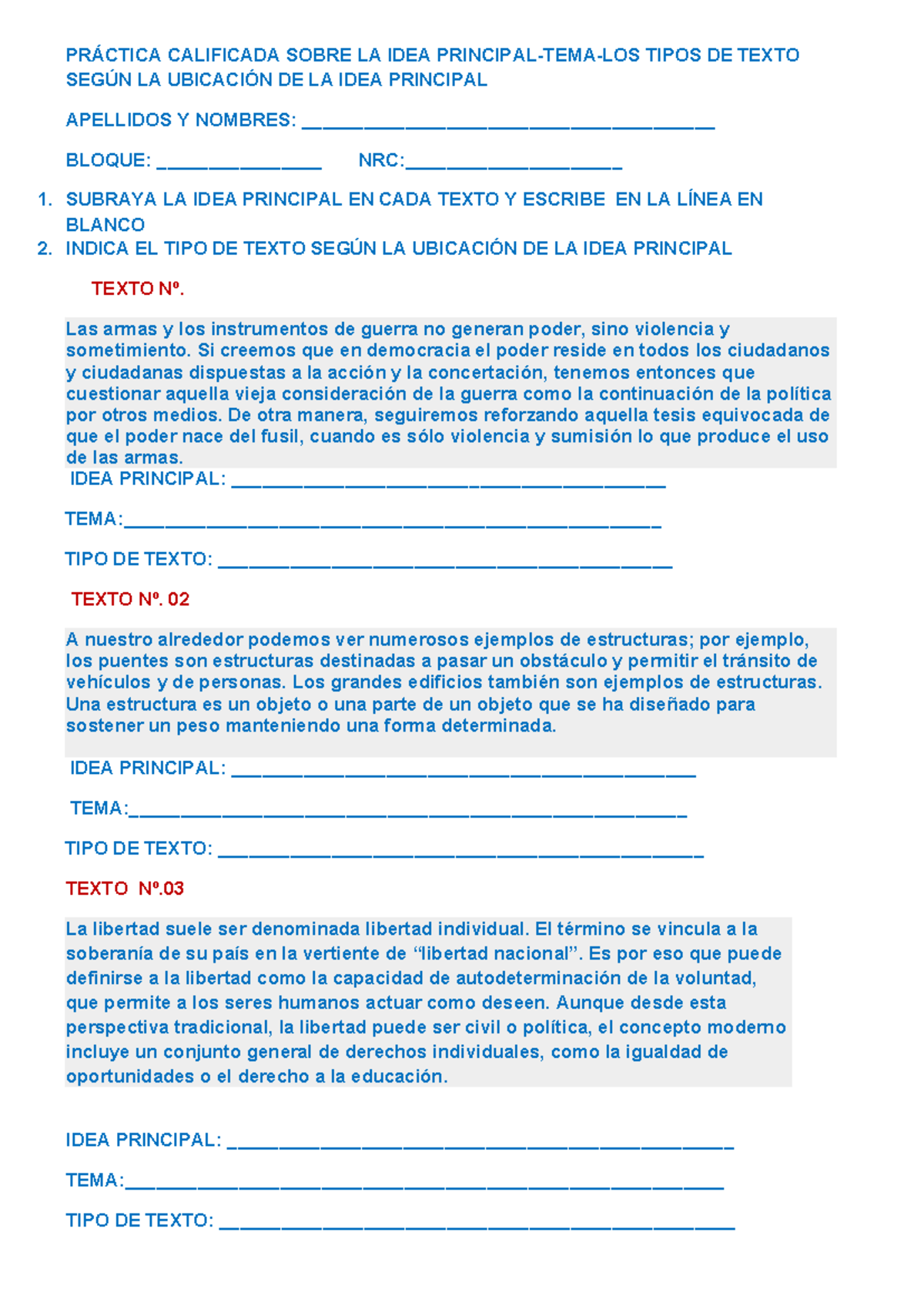 Práctica Calificada Sobre LA IDEA Principal-TEMA-LOS Tipos DE Texto ...