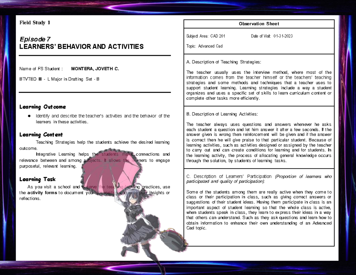 FS-1- Episode-7 Montera - Field Study 1 Episode 7 LEARNERS’ BEHAVIOR ...