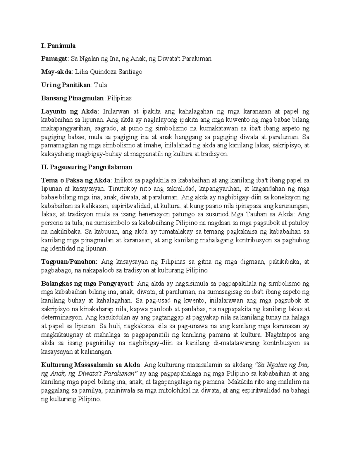 Activity ...... - I. Panimula Pamagat: Sa Ngalan ng Ina, ng Anak, ng ...