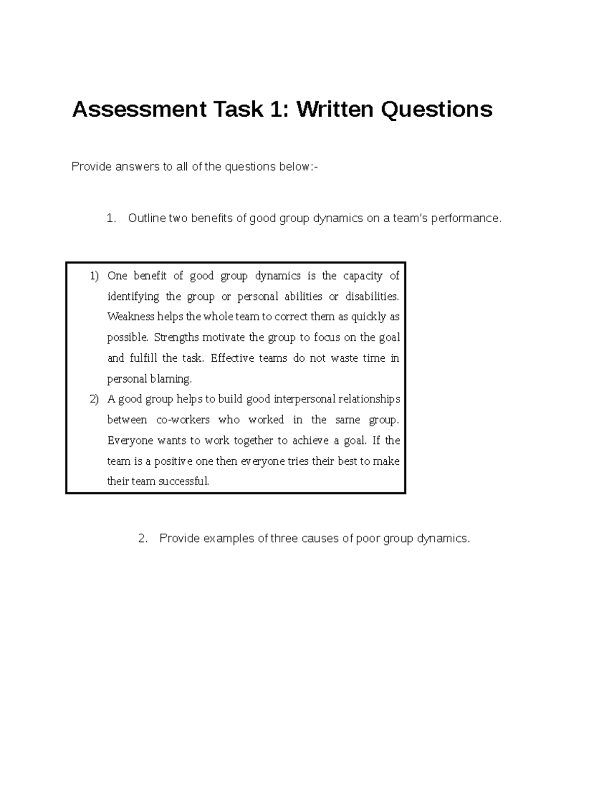 Assessment Task 1 Written Questions - Assessment Task 1: Written Questions Provide answers to ...