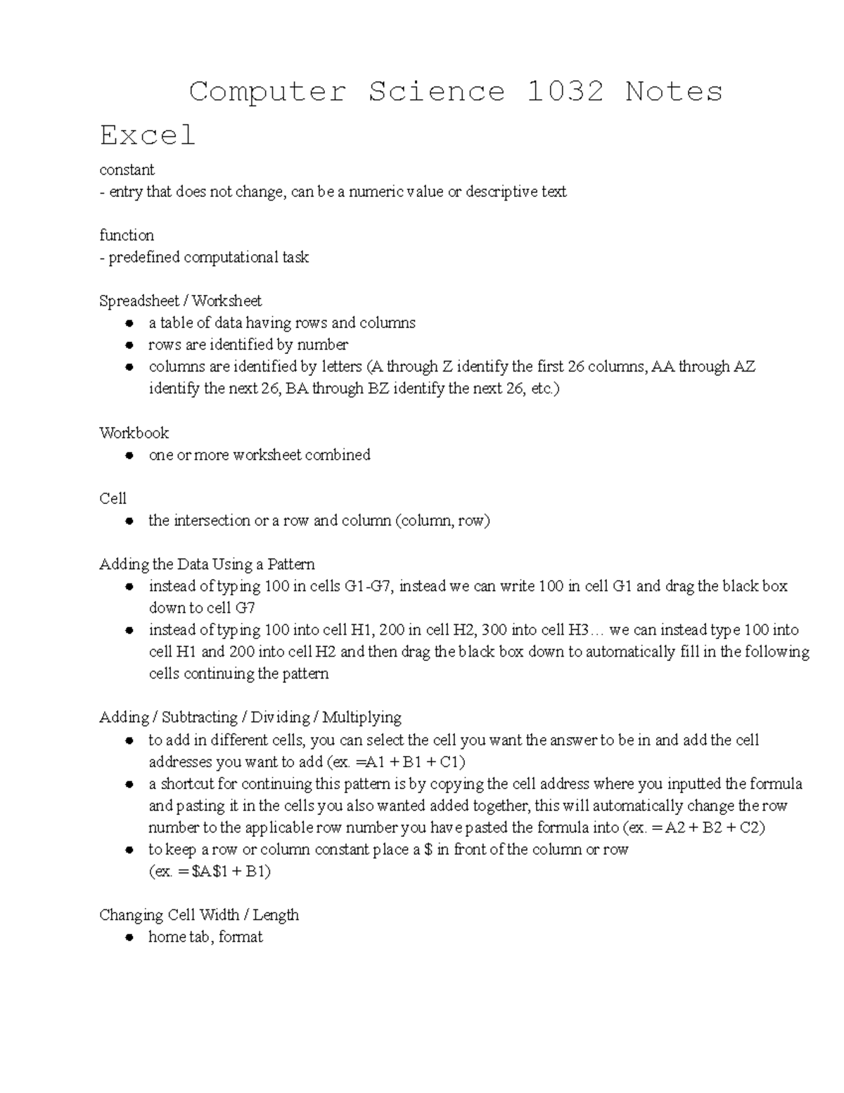 Excel notes - Computer Science 1032 Notes Excel constant entry that ...