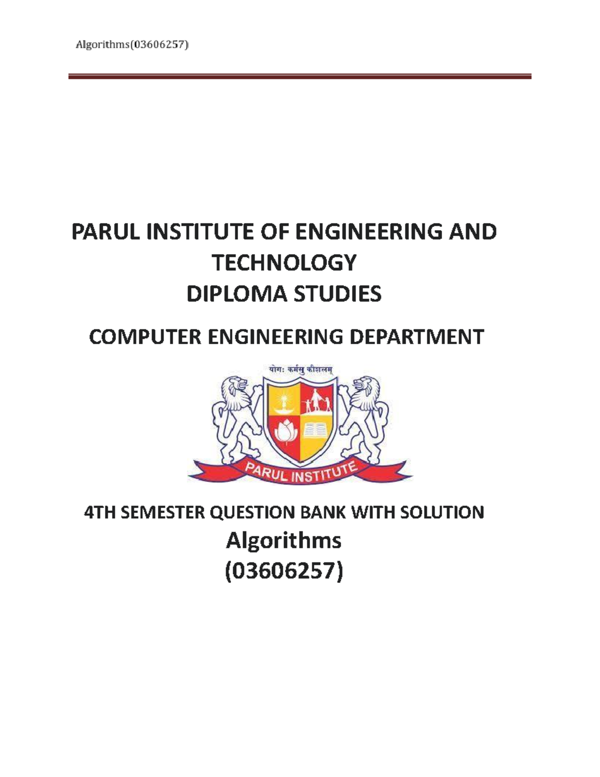 Algorithm Question Bank - PARUL INSTITUTE OF ENGINEERING AND TECHNOLOGY DIPLOMA STUDIES COMPUTER ...