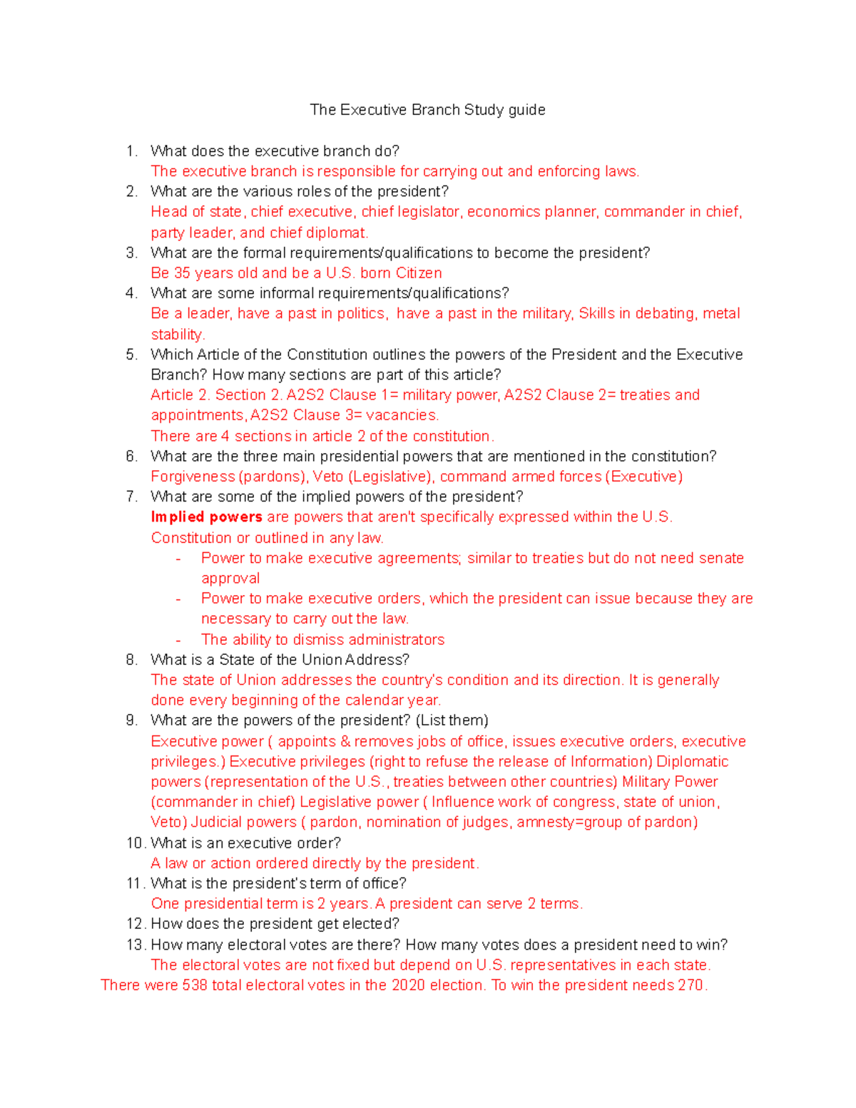 The Executive Branch Study guide - What are the various roles of the ...