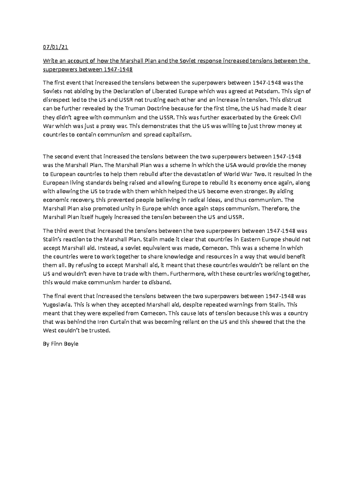 Write an account of how the Marshall Plan and the Soviet response ...
